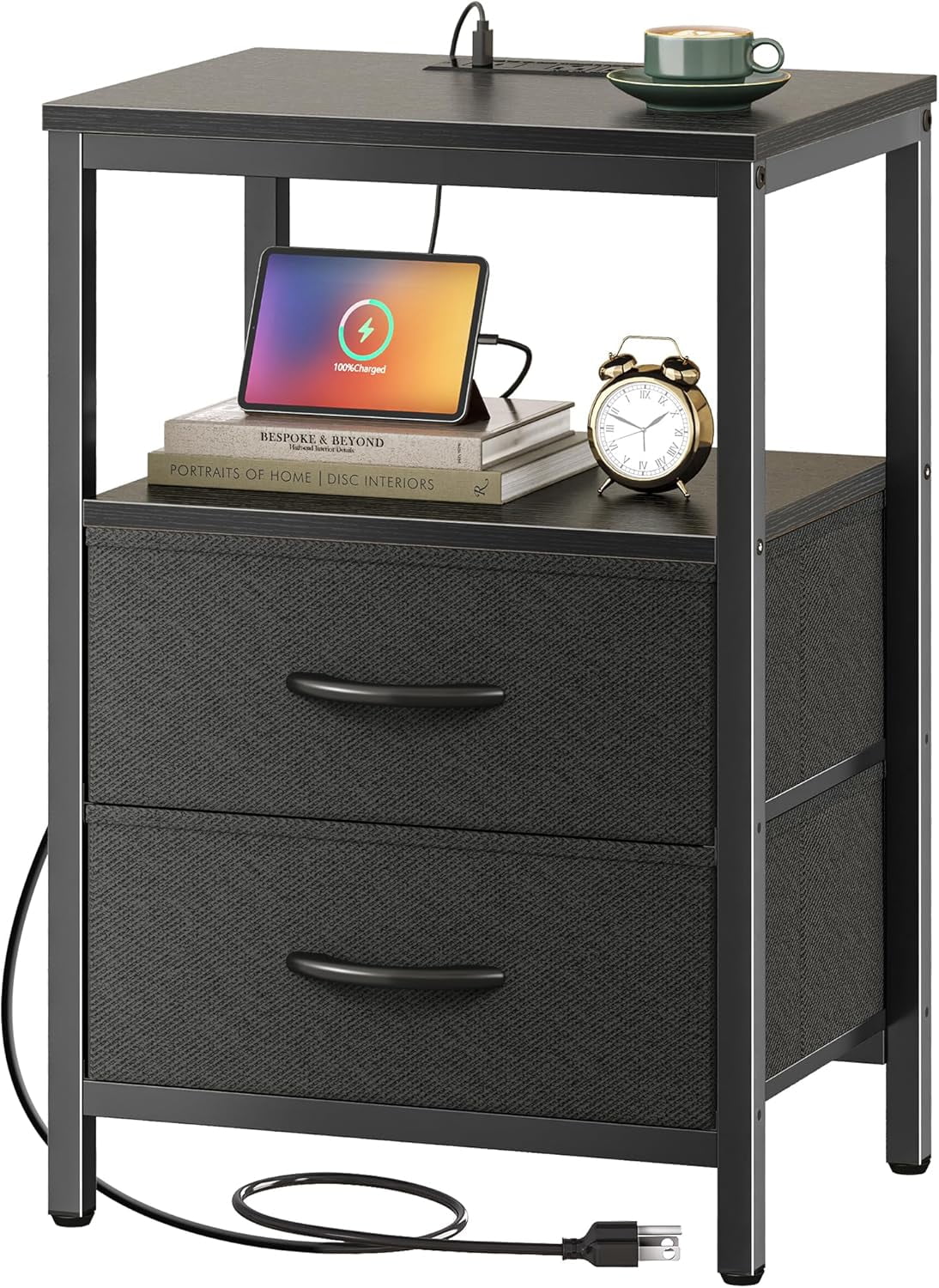Nightstand with Charging Station, Side Table with Fabric Drawers, End ...