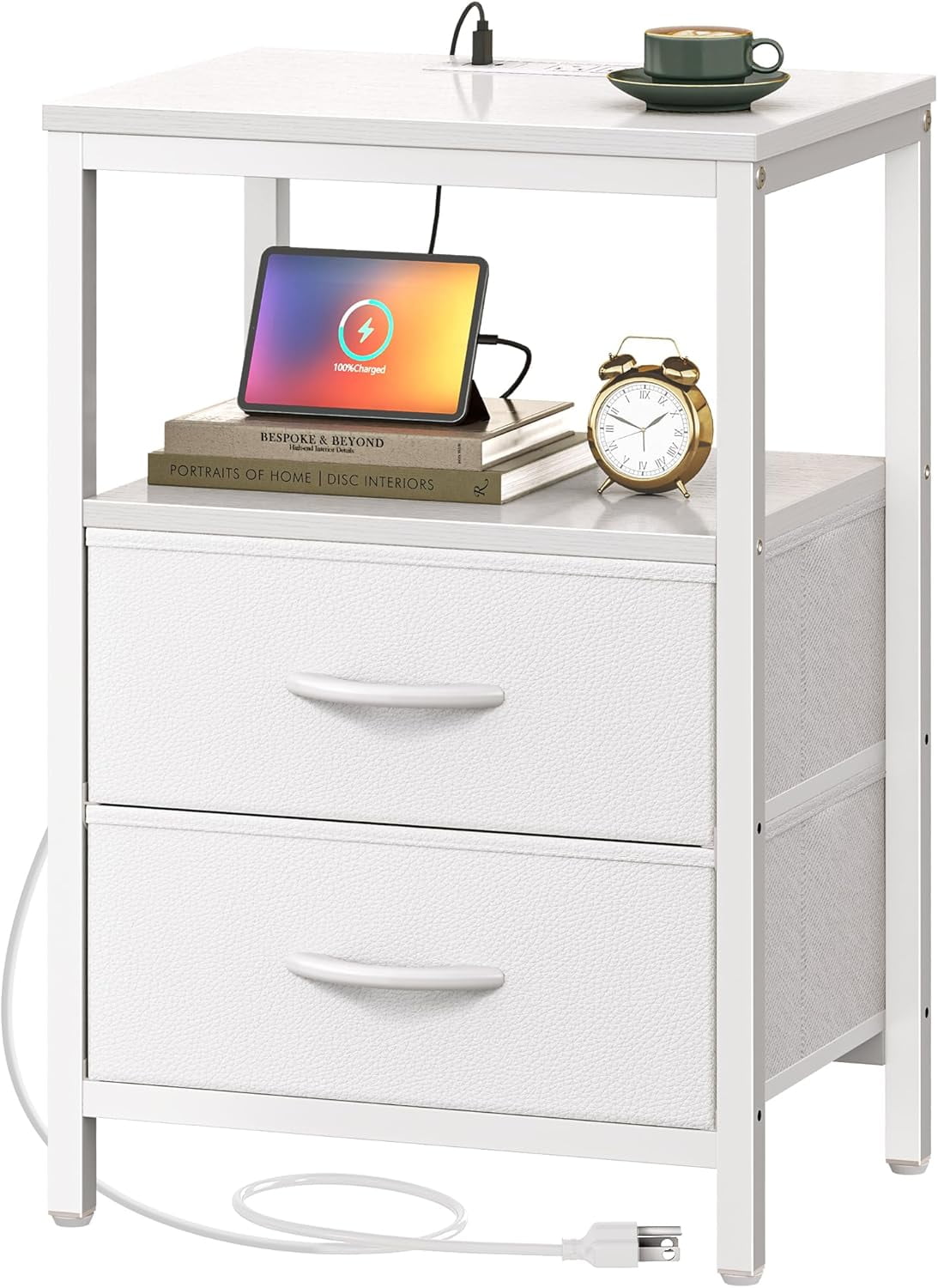 Nightstand with Charging Station, Side Table with Fabric Drawers, End ...