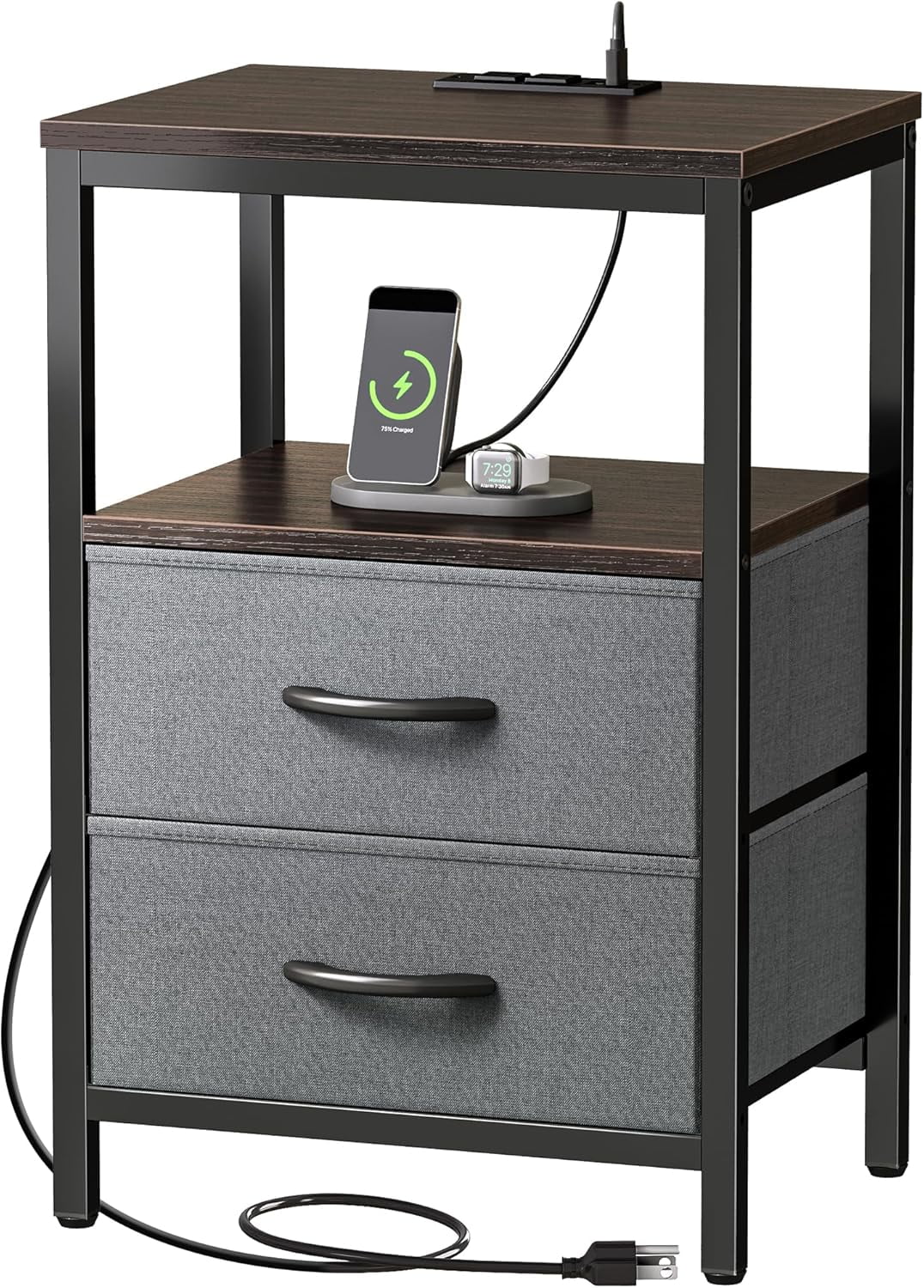 Nightstand with Charging Station, Side Table with Fabric Drawers, End ...
