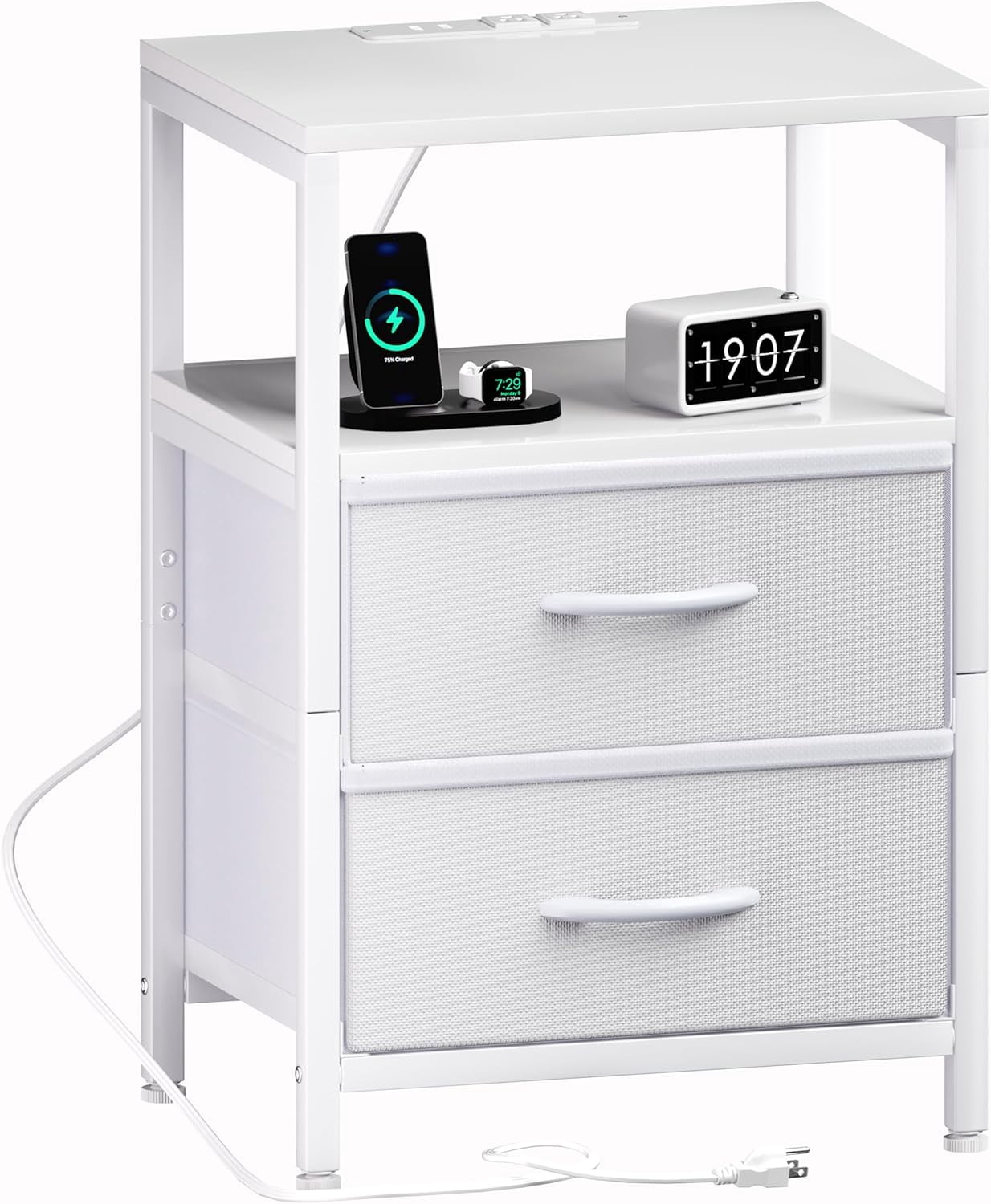Nightstand with Charging Station, Side Table with Fabric Drawers ...
