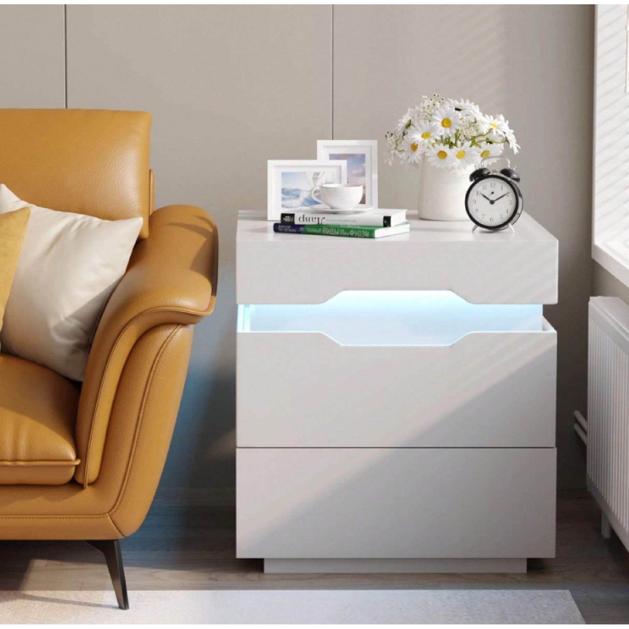Nightstand With Charging Station, Side Table With LED Lights, Bedside ...