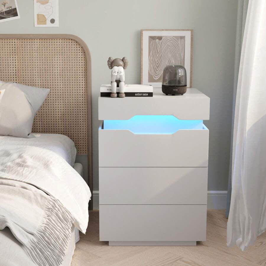 Nightstand With Charging Station, Side Table With LED Lights, Bedside ...