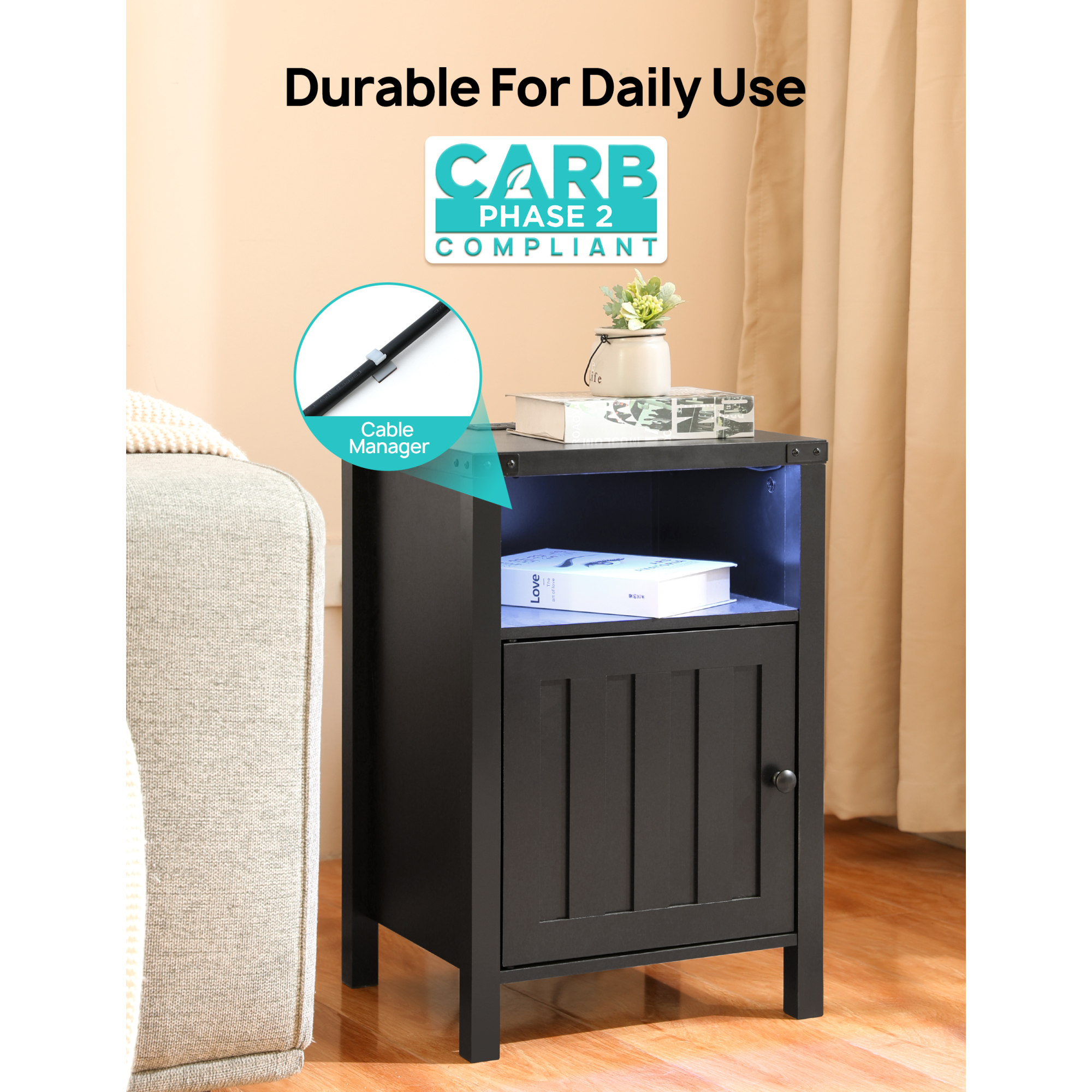 Nightstand with Charging Station, Side Table with RGB Light Strip ...