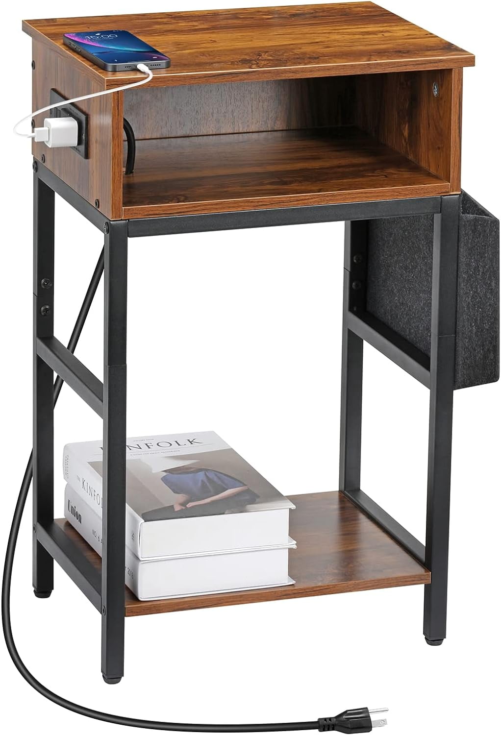 Nightstand with Charging Station, Side Table with Storage Pockets ...