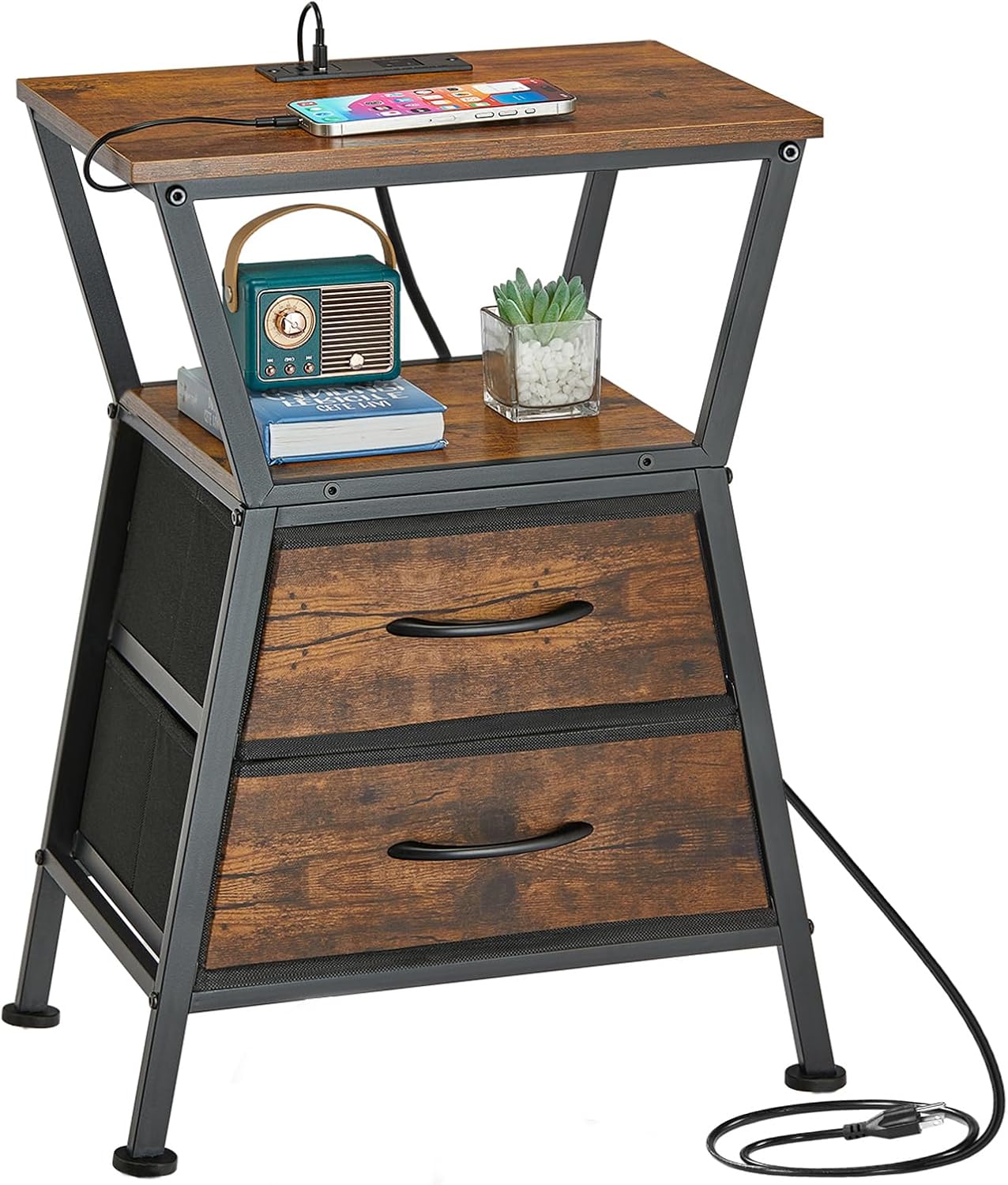 Nightstand with Charging Station, Side Tables for Bedroom with Built-in ...