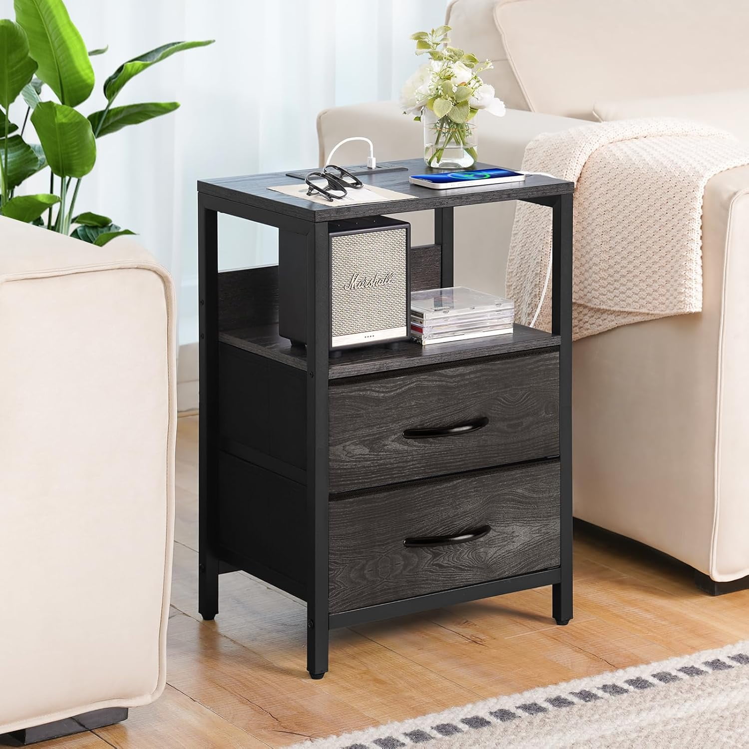 Nightstand with Charging Station, Small Night Stand with Fabric Drawers ...