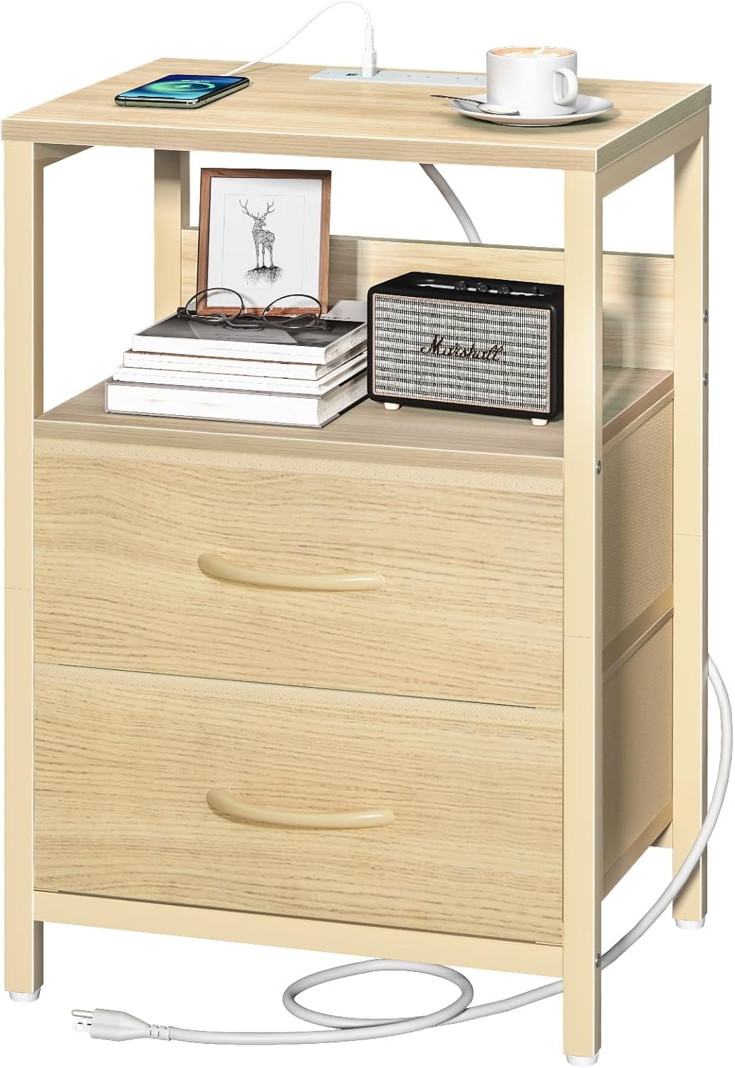 Nightstand with Charging Station, Small Night Stand with Fabric Drawers ...