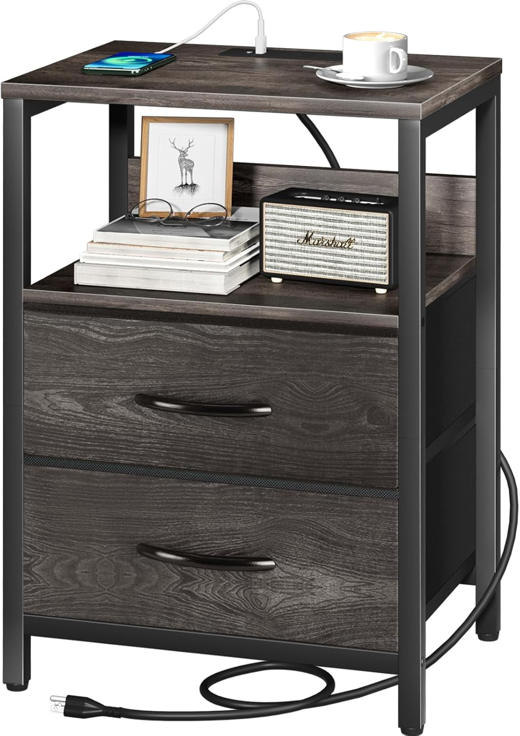 Nightstand with Charging Station, Small Night Stand with Fabric Drawers ...