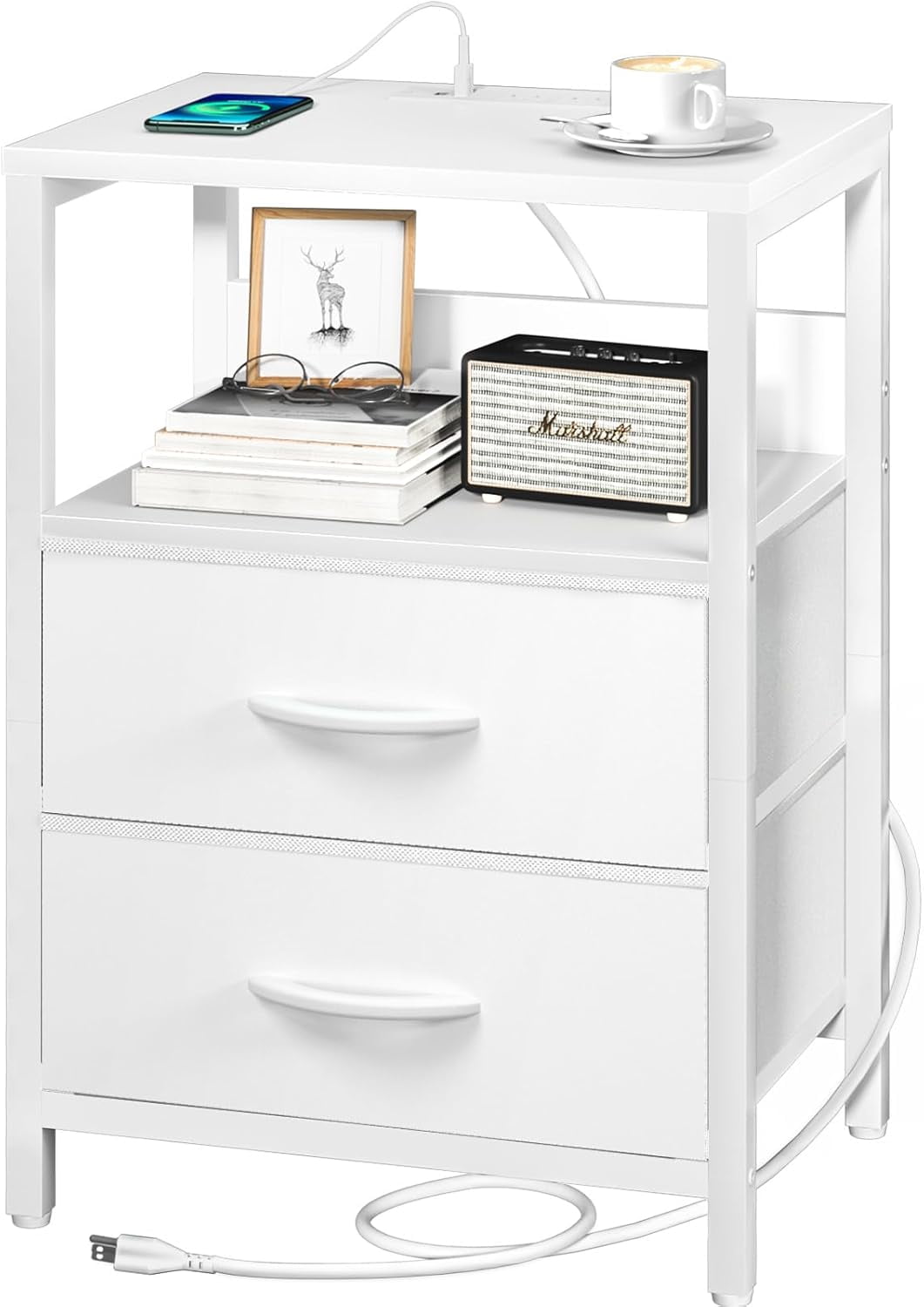 Nightstand with Charging Station, Small Night Stand with Fabric Drawers ...