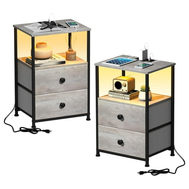 Nightstand with Charging Station USB Outlet and LED Light End Table ...