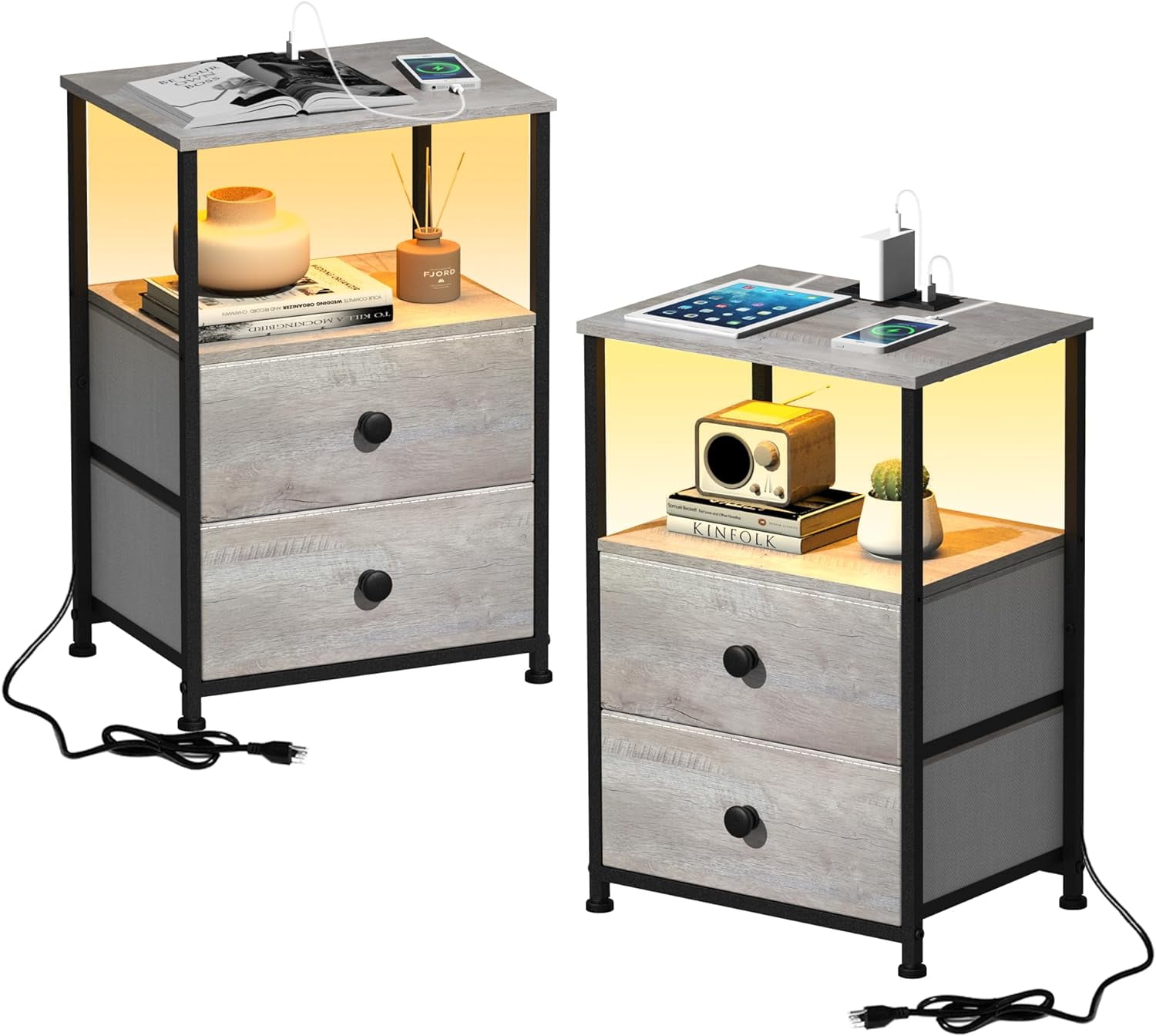 Nightstand with Charging Station USB Outlet and LED Light End Table ...