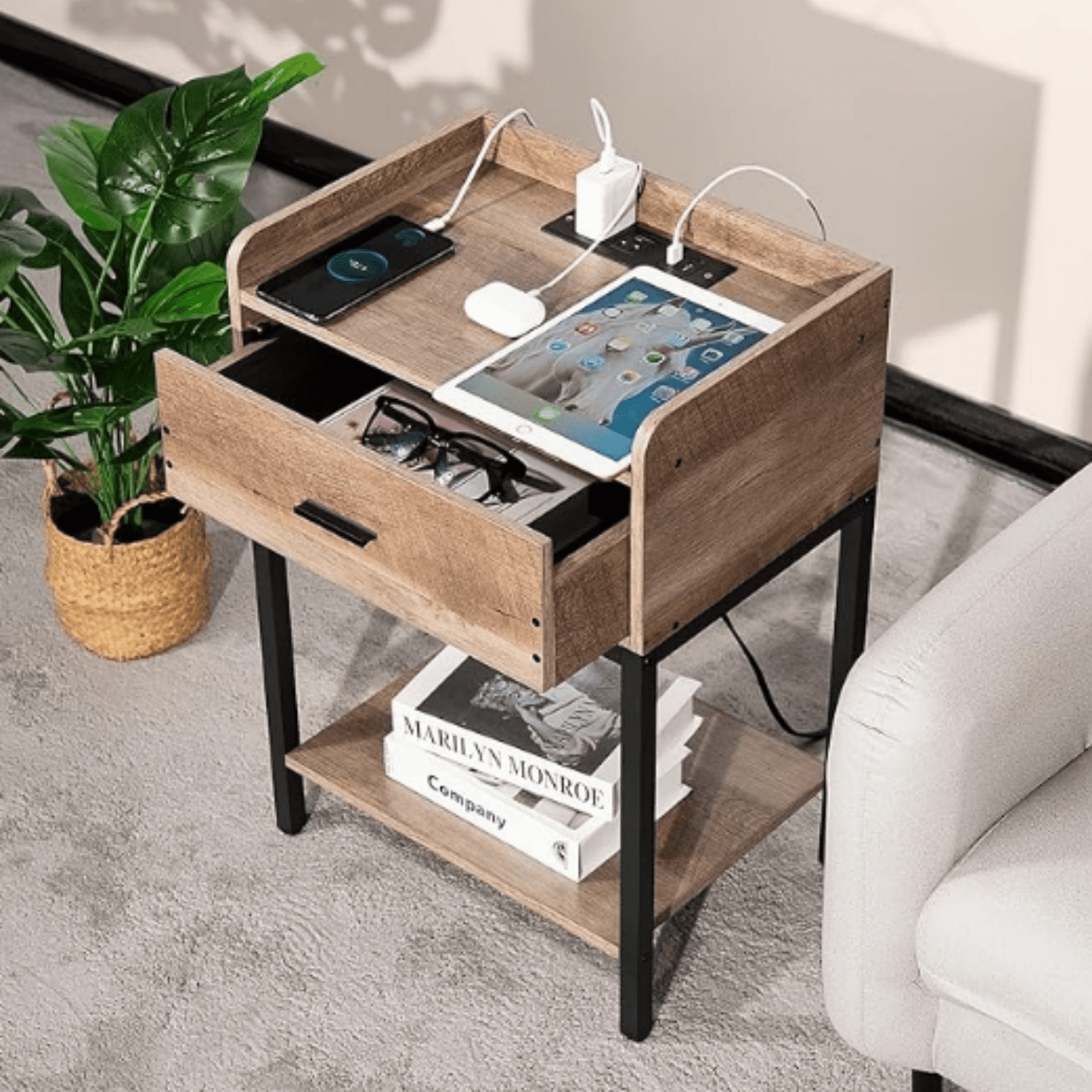Nightstand with Charging Station and USB Ports, 3-Tier End Side Table ...