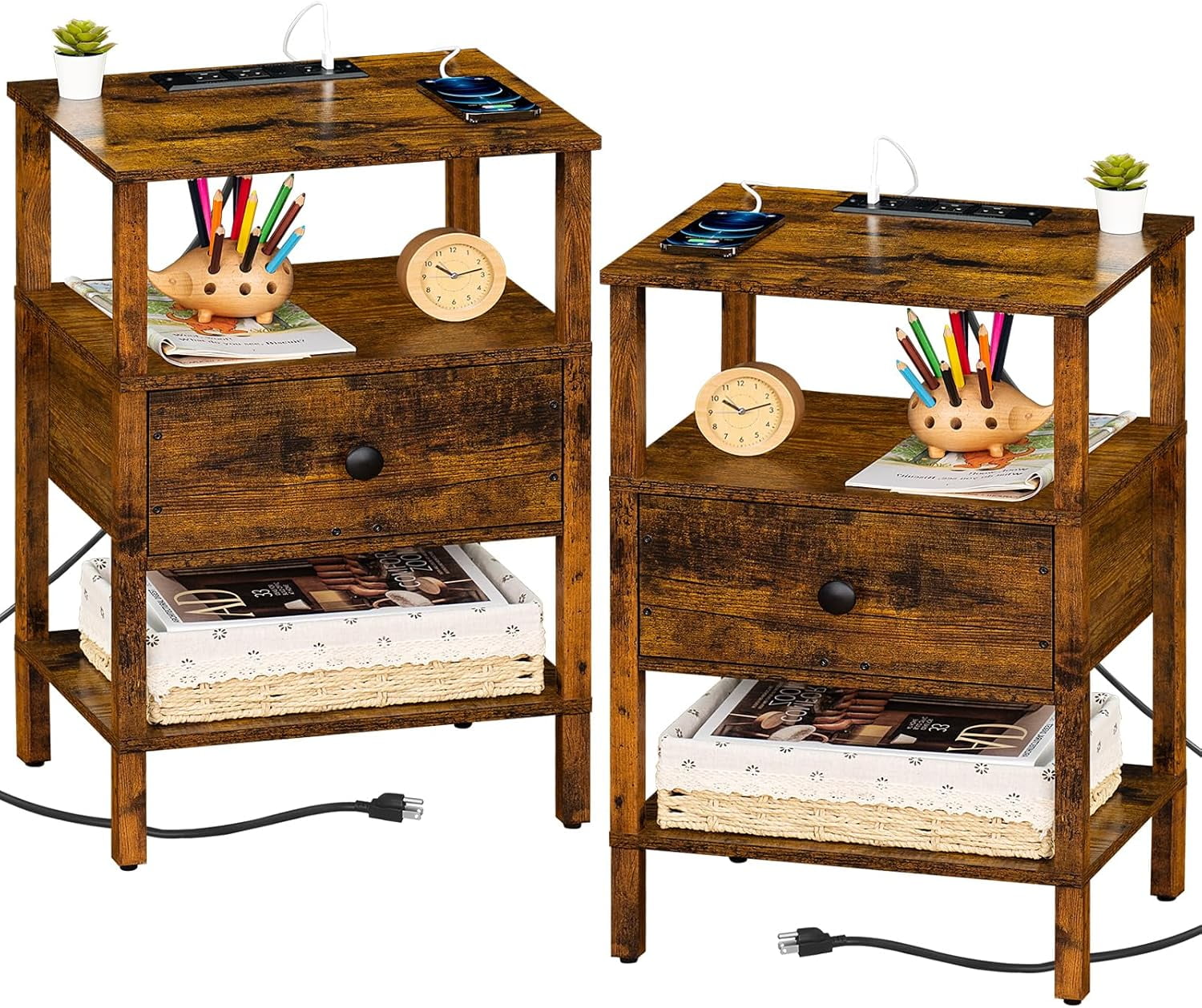 Nightstand with Charging Station and USB Ports, 3-Tier Storage End ...