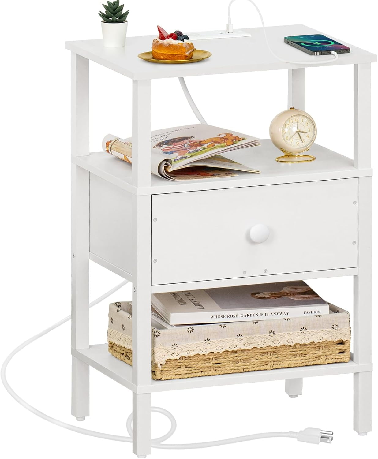 Nightstand with Charging Station and USB Ports, 3-Tier Storage End ...