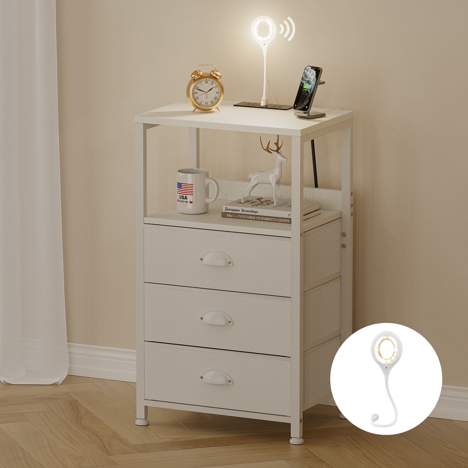 Nightstand with Charging Station & Voice Control Night Light, 3 Fabric ...