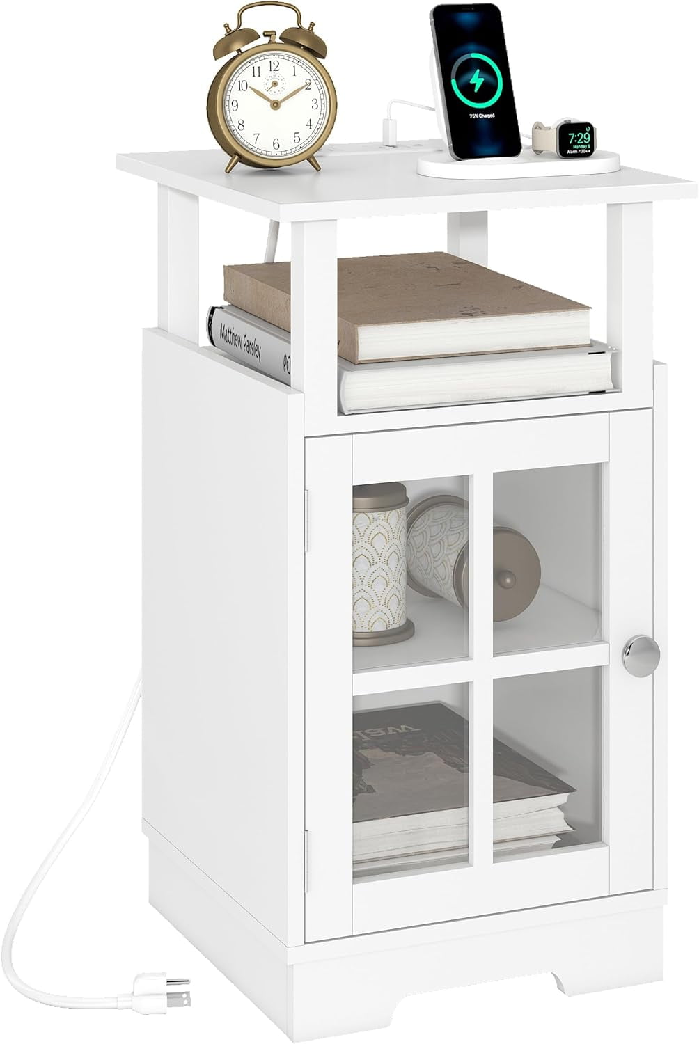 Nightstand with Charging Station,White End Table Modern Side Table with ...