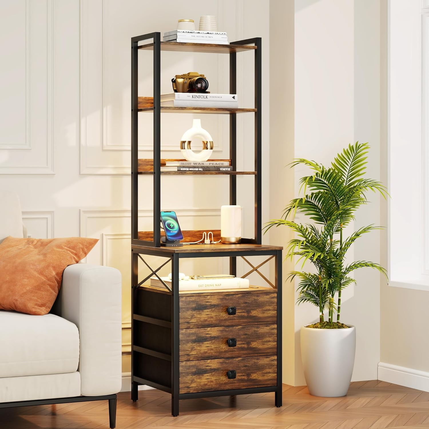 Nightstand with Drawer Charging Bedside Table with USB & Type-C Port ...