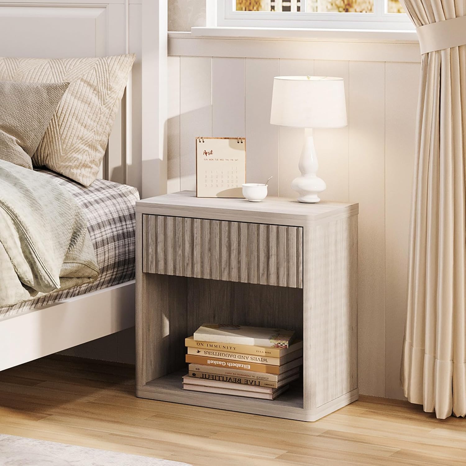 Nightstand with Drawer Storage Fluted Bed Side Table End Table Large ...