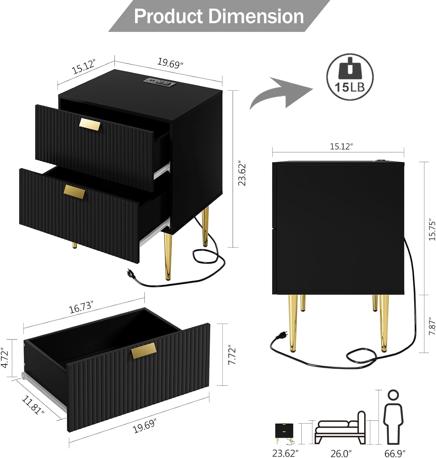 Nightstand with Drawers, Large Fluted Night Stand, End Table for Living ...