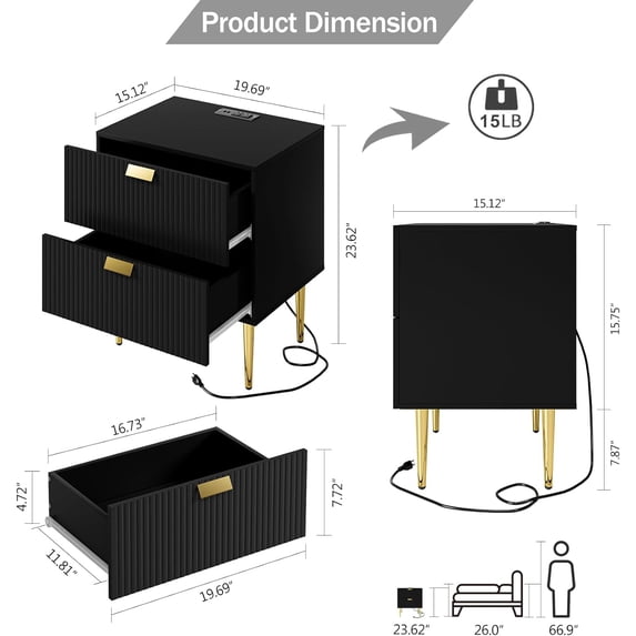 Nightstand with Drawers, Large Fluted Night Stand, End Table for Living ...