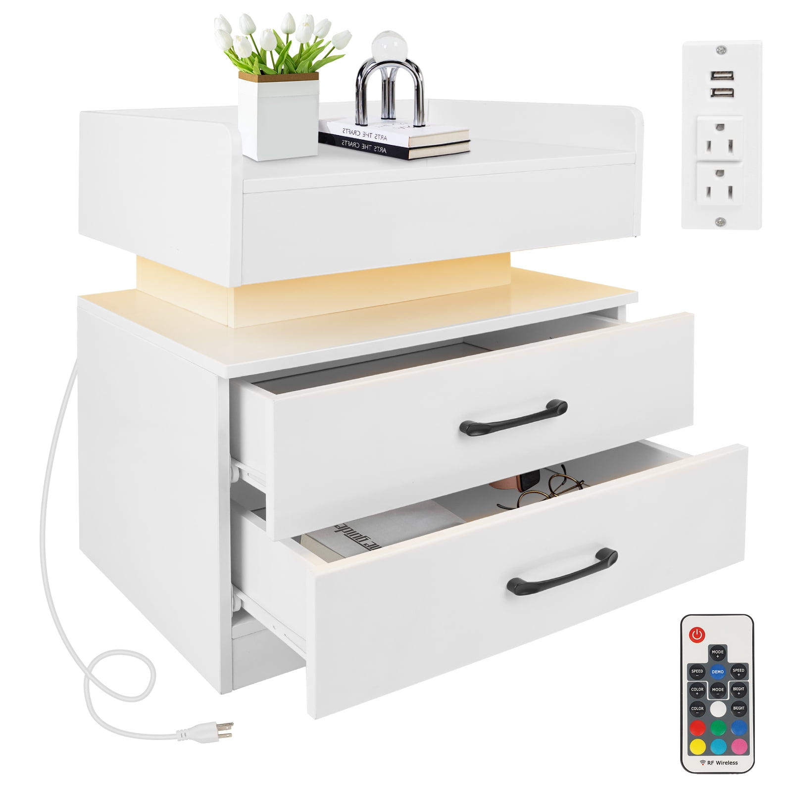 Nightstand with Drawers, Modern Night Stand with Adjustable LED Strip ...