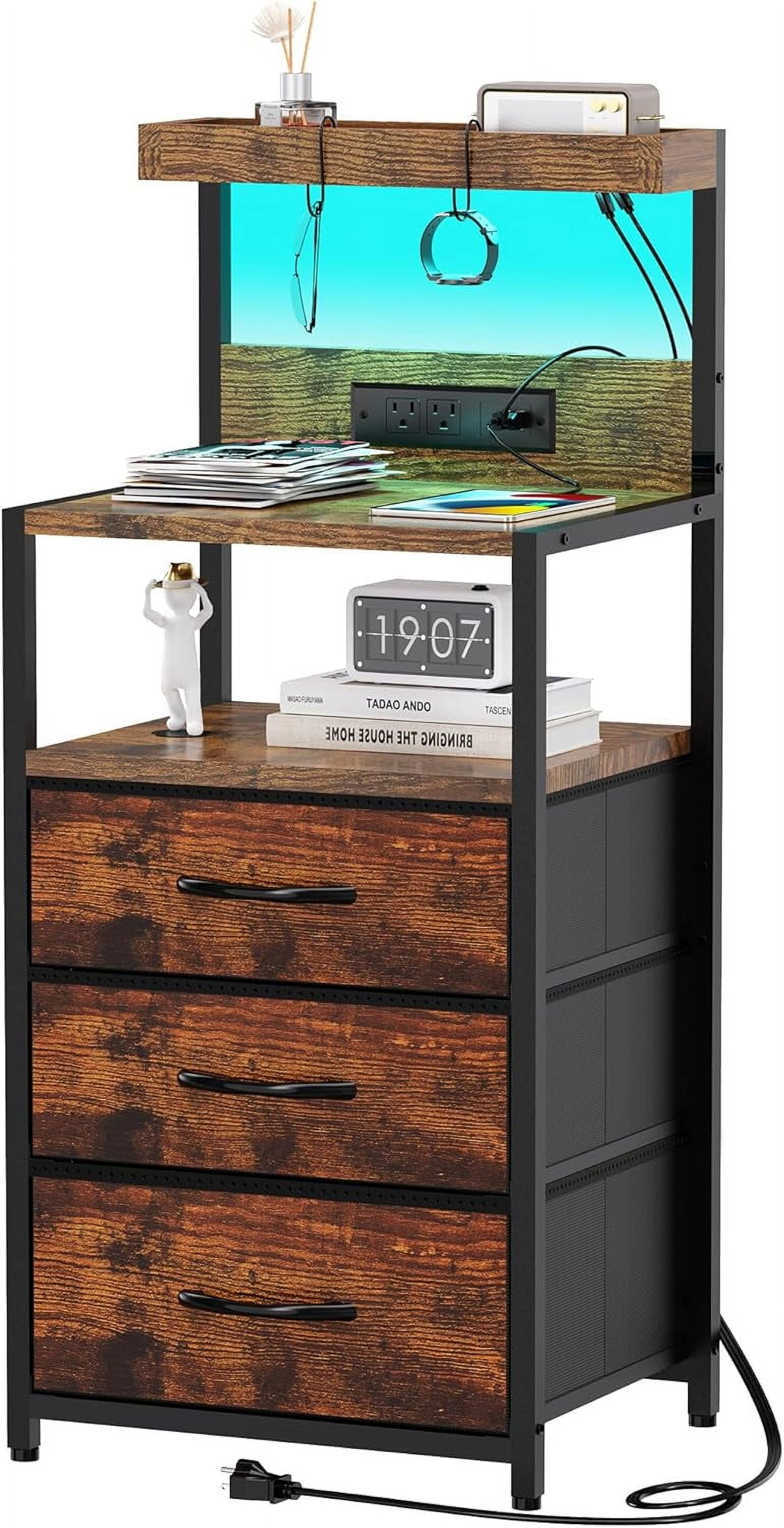 Nightstand, Dresser Nightstand with Charging Station, 3 Drawers Night ...