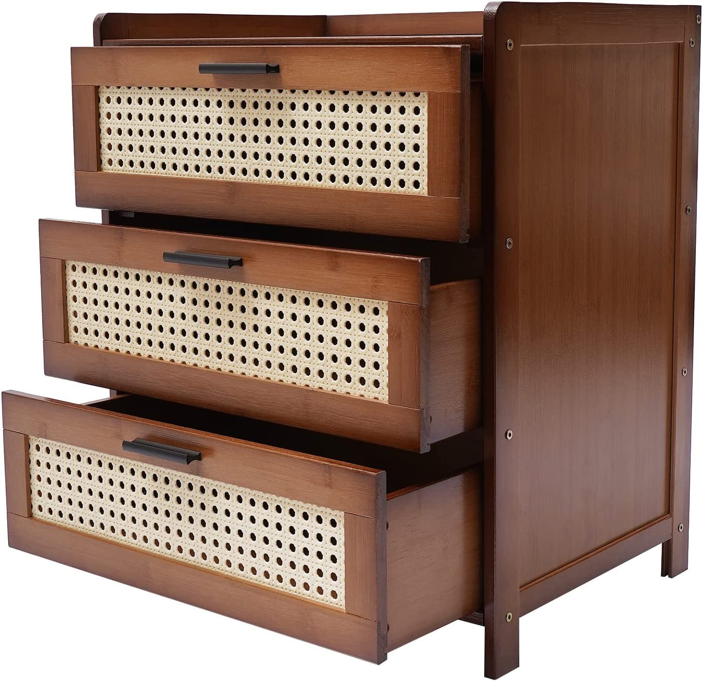 Nightstand End Table with 3 Drawers Bamboo Mesh Door Bed Side Table ...
