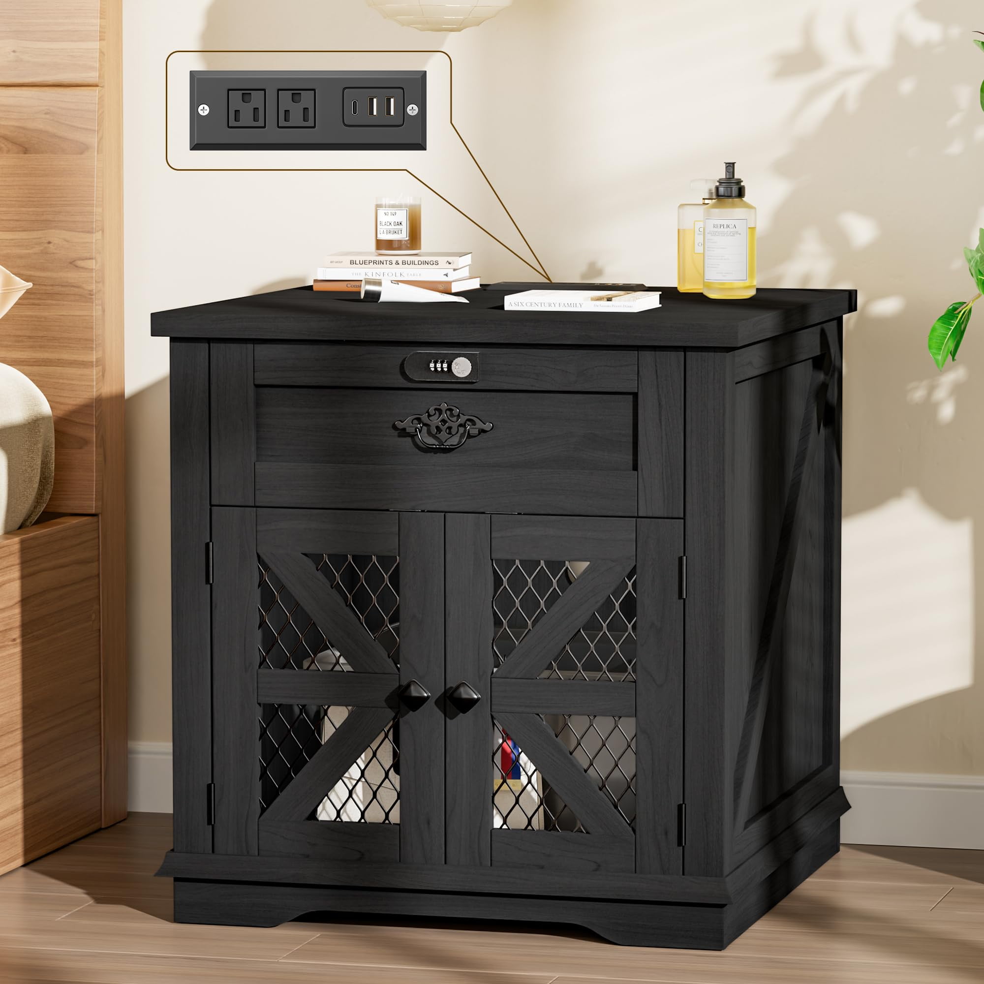 Nightstand End Table with Charging Station, 24" Side Farmhouse Table ...