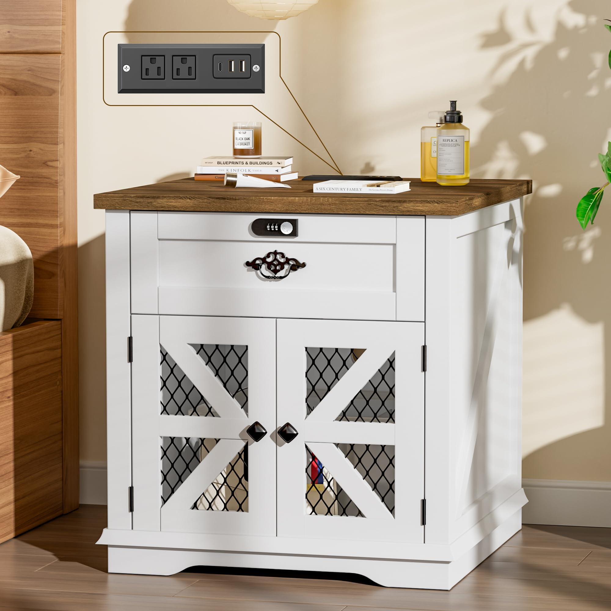 Nightstand End Table with Charging Station, 24" Side Table with Drawer ...