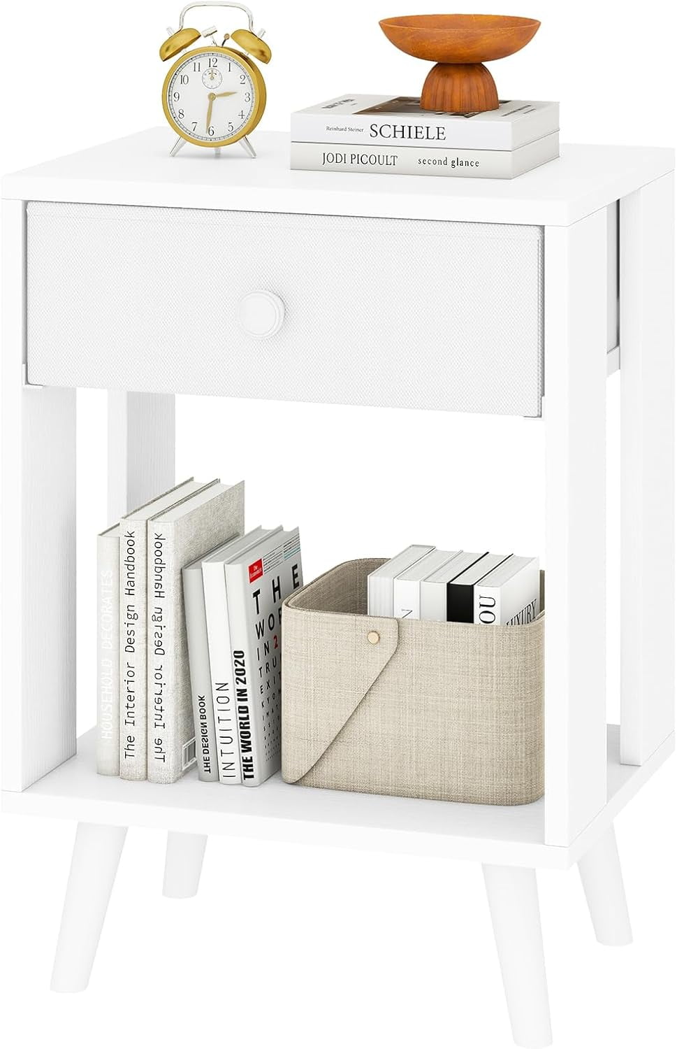 Nightstand with Fabric Drawers and Open Shelf Unit, Solid Wood Legs ...