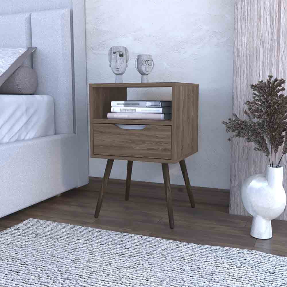 Nightstand Fugaz,Open Shelf,Single Drawer,Dark Walnut Finish,Walnut ...