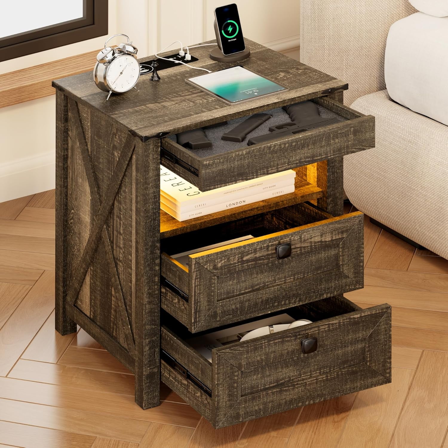 Nightstand with Gun Drawer, Farmhouse Bedside Table with Charging ...