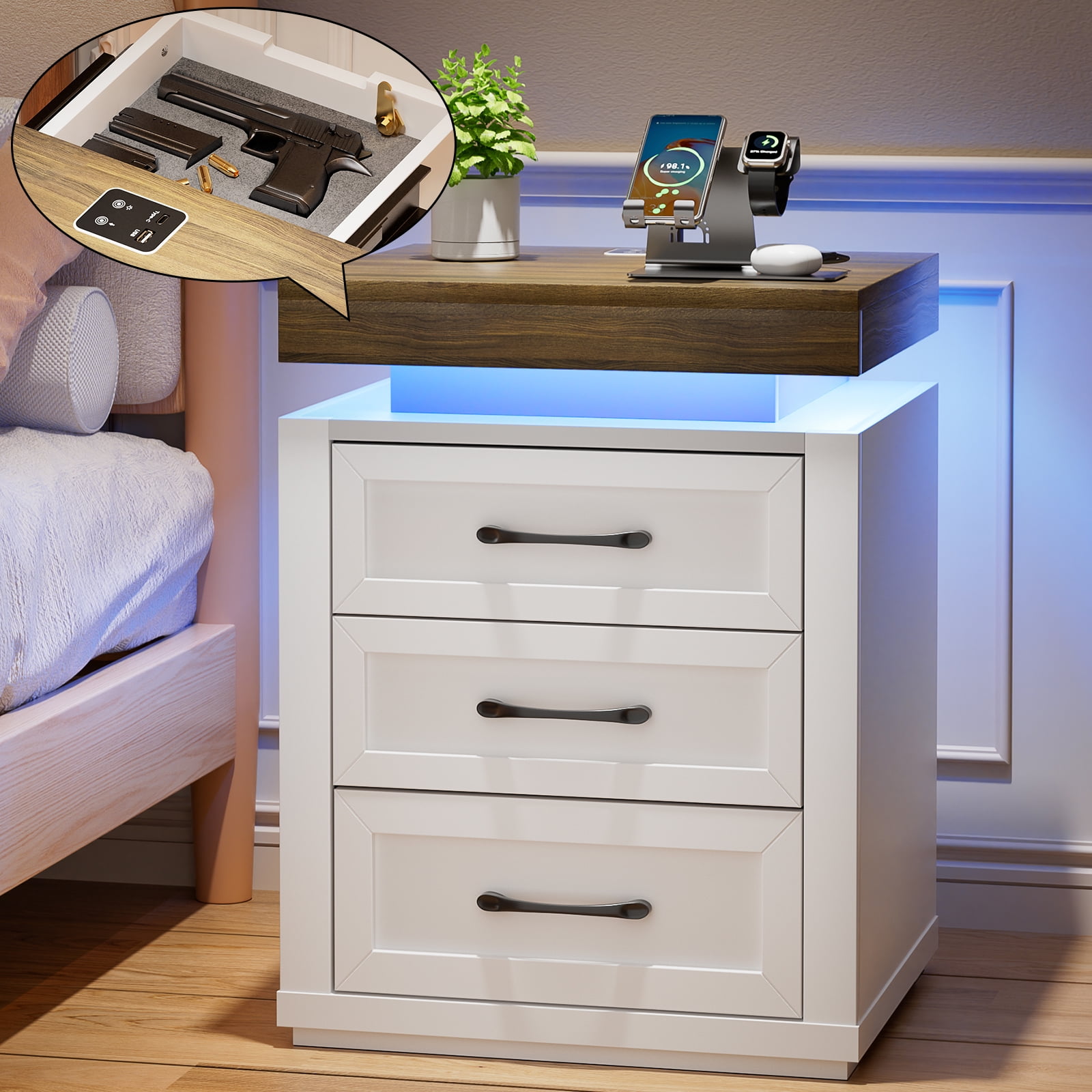 Nightstand with Gun Drawer, Farmhouse End Table with Charging Station ...