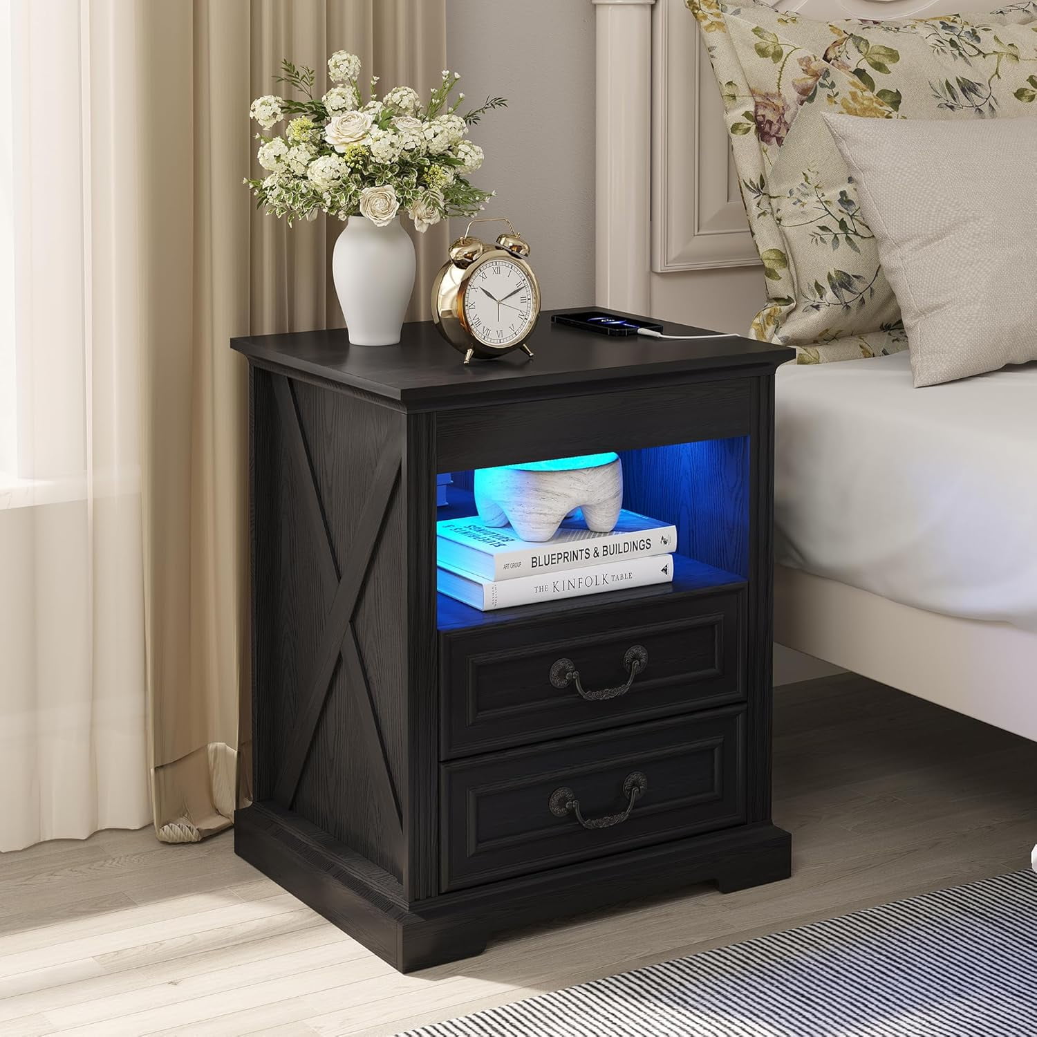Nightstand with Gun Drawer, Farmhouse Night Stand with Charging Station ...
