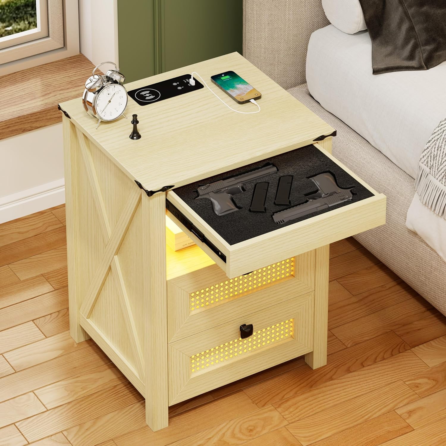 Nightstand with Gun Drawer, Rattan Bedside Table with Charging Station ...