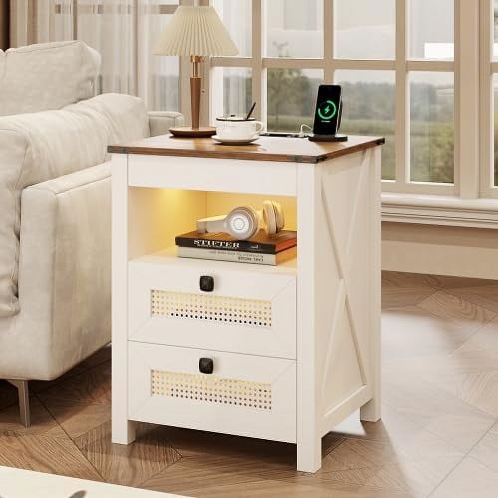 Nightstand with Gun Drawer, Rattan Bedside Table with Charging Station ...