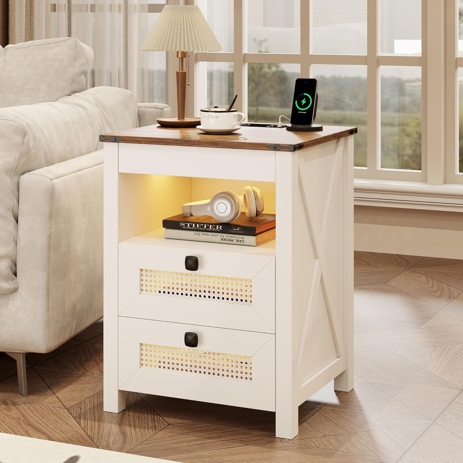 Nightstand with Gun Drawer, Rattan Bedside Table with Charging Station ...