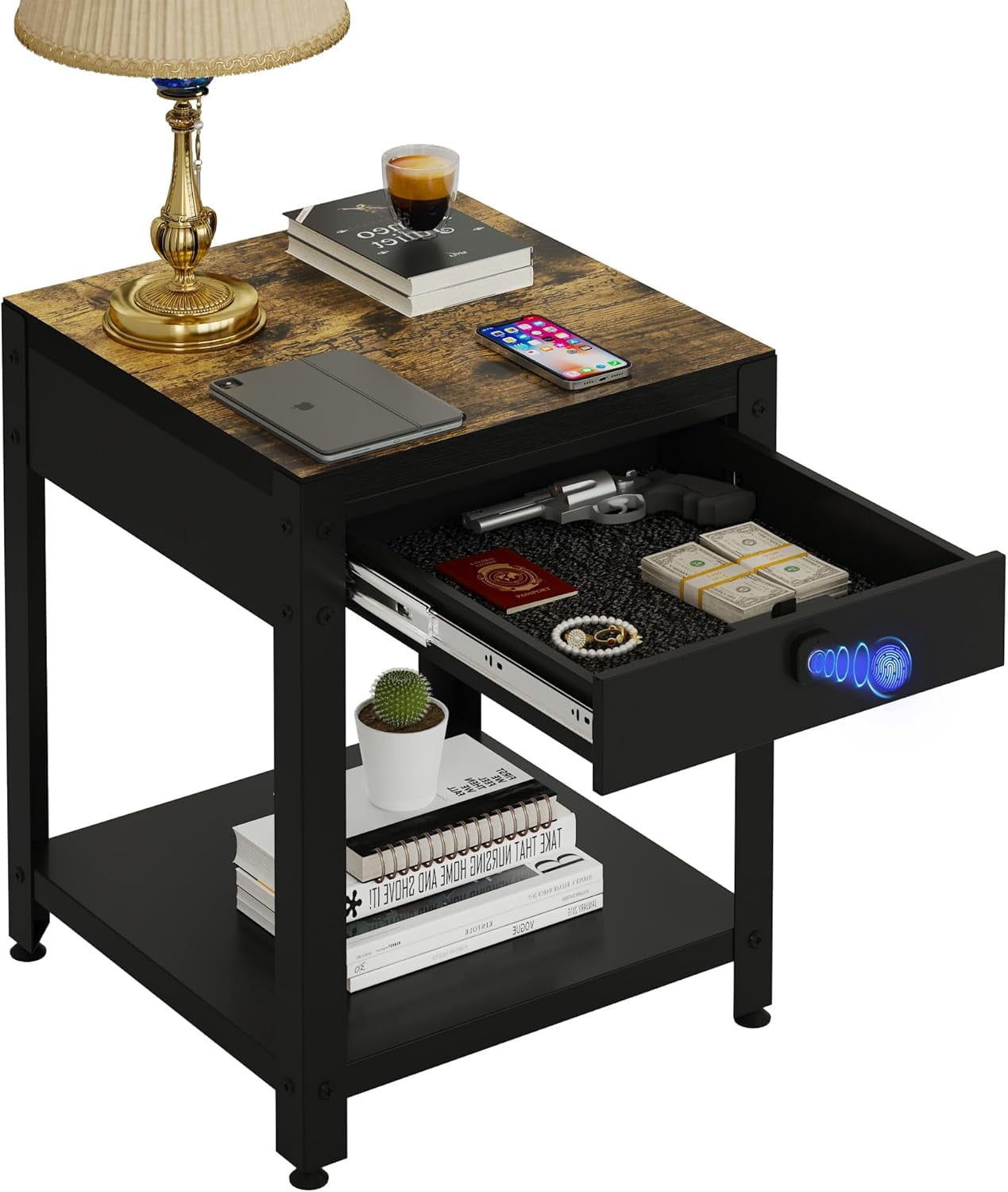 Nightstand with Hidden Locking Compartment, Smart Fingerprint Gun End ...