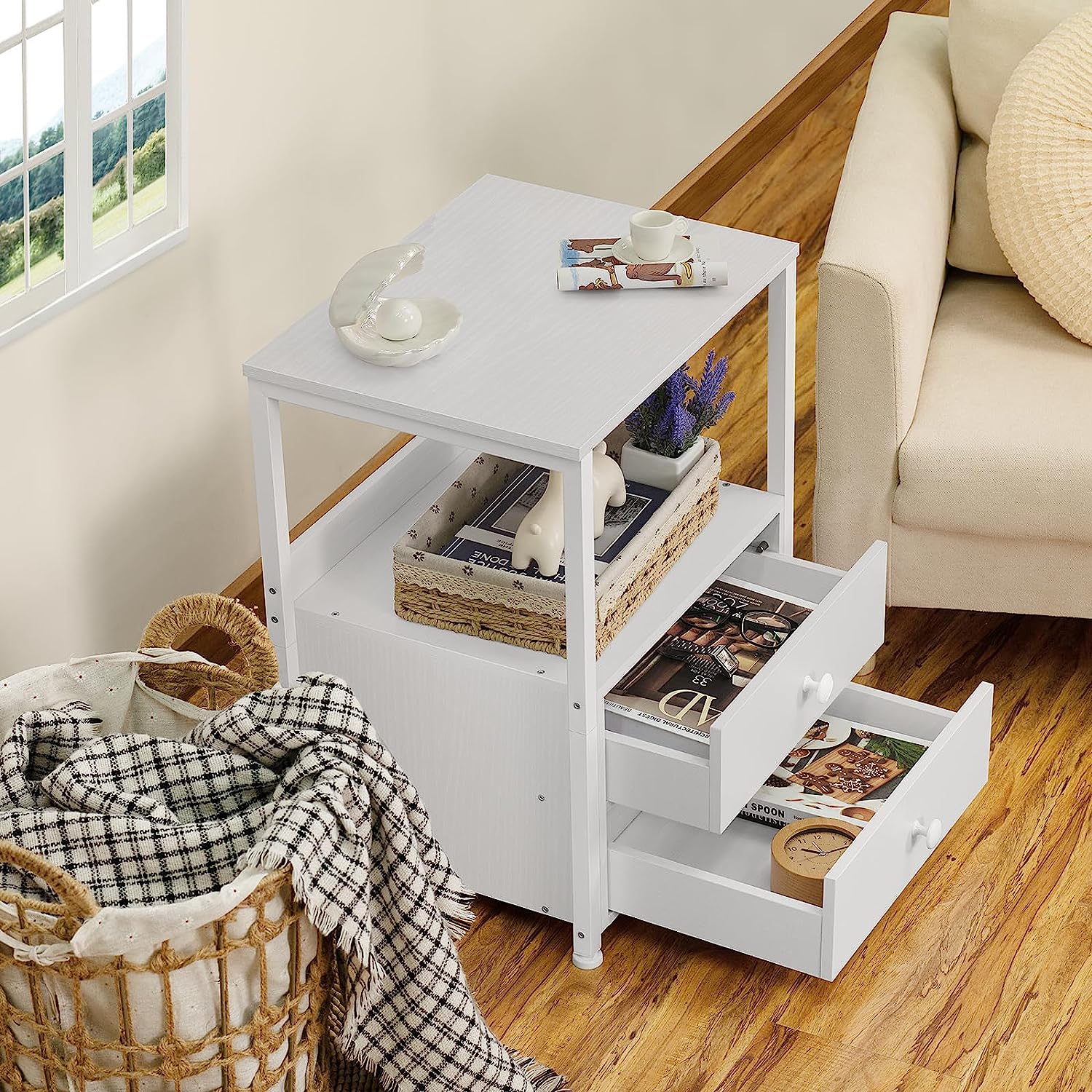 Nightstand, Industrial Bed Side Table with 2 Drawers Storage Open Shelf ...