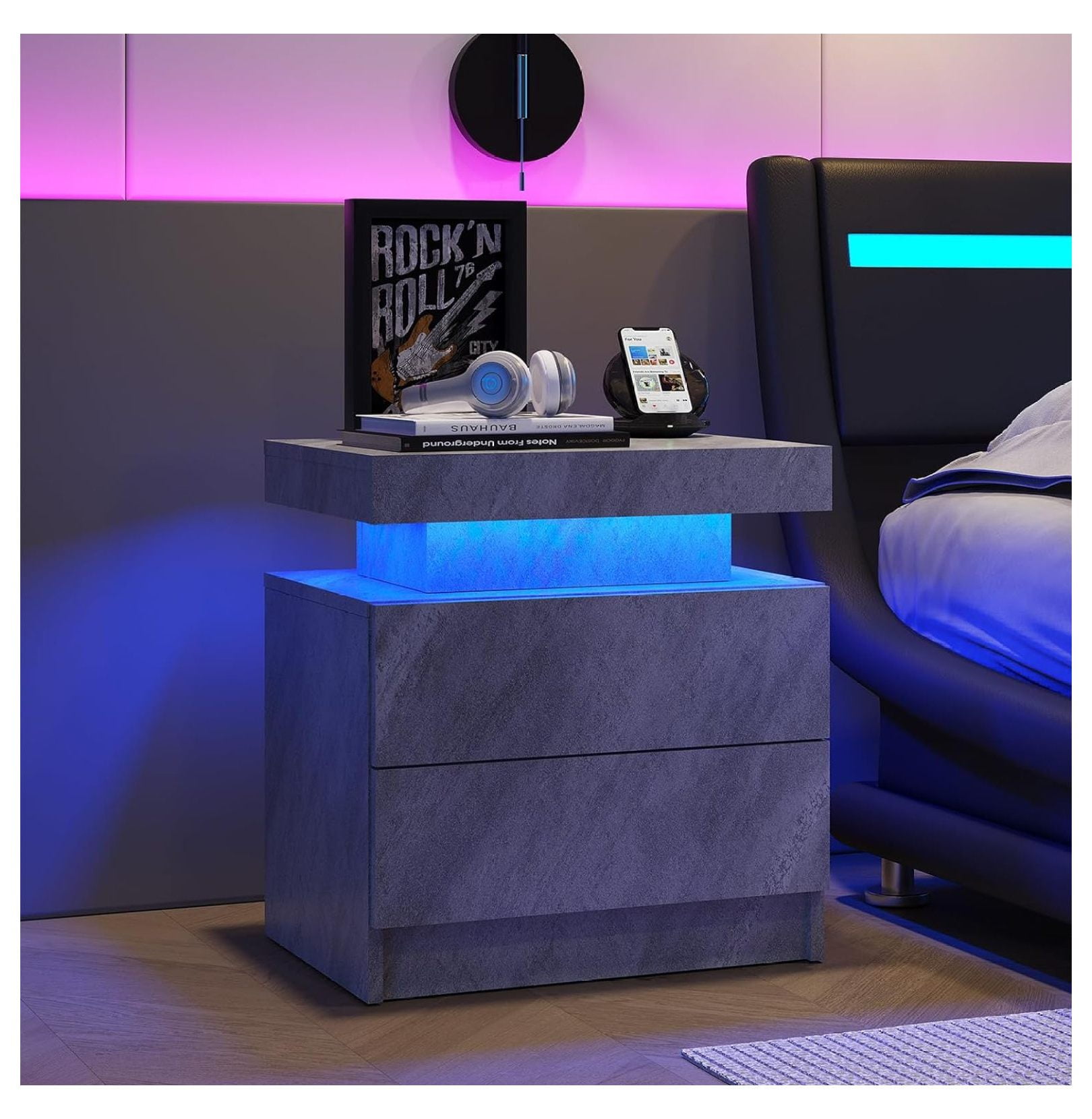 Nightstand LED Bedside Table Cabinet Lights Modern End Side with 2 ...