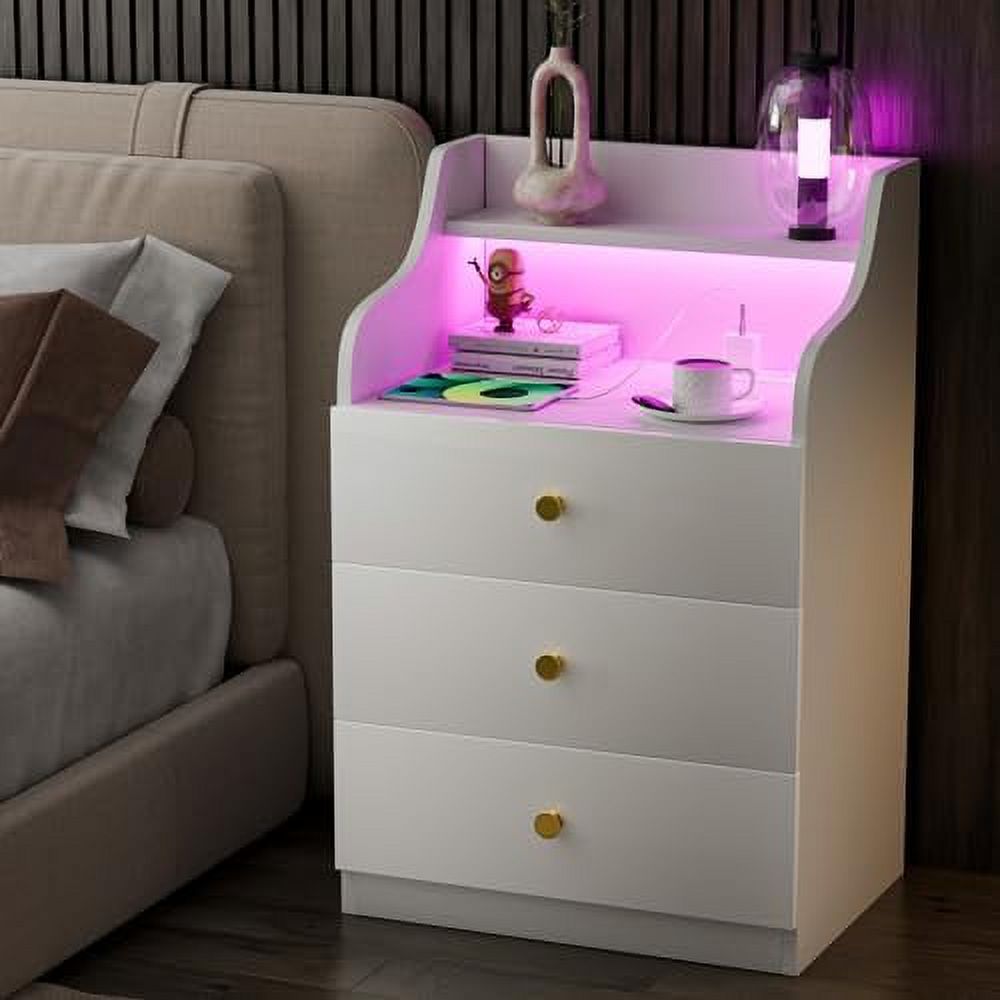 Nightstand with LED Light, Charging Station, 3 Deep Drawers & Shelves ...
