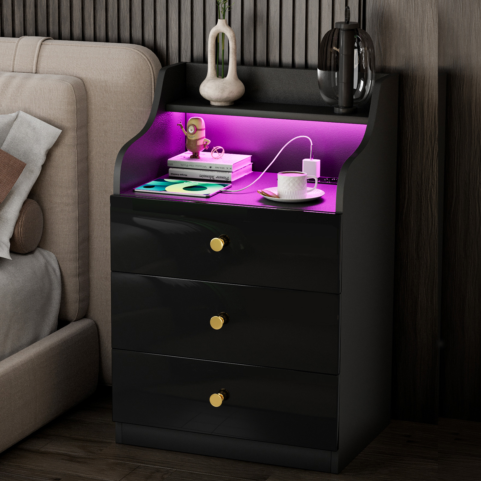 Nightstand with LED Light, Charging Station, 3 Deep Drawers & Shelves ...