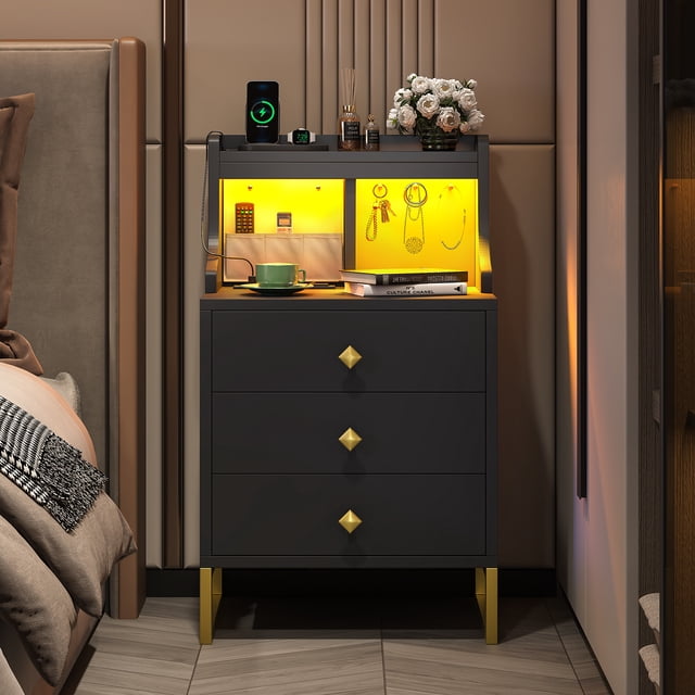 Modern Nightstand with LED Light, Power Outlets, USB Charger, 3 Drawers ...