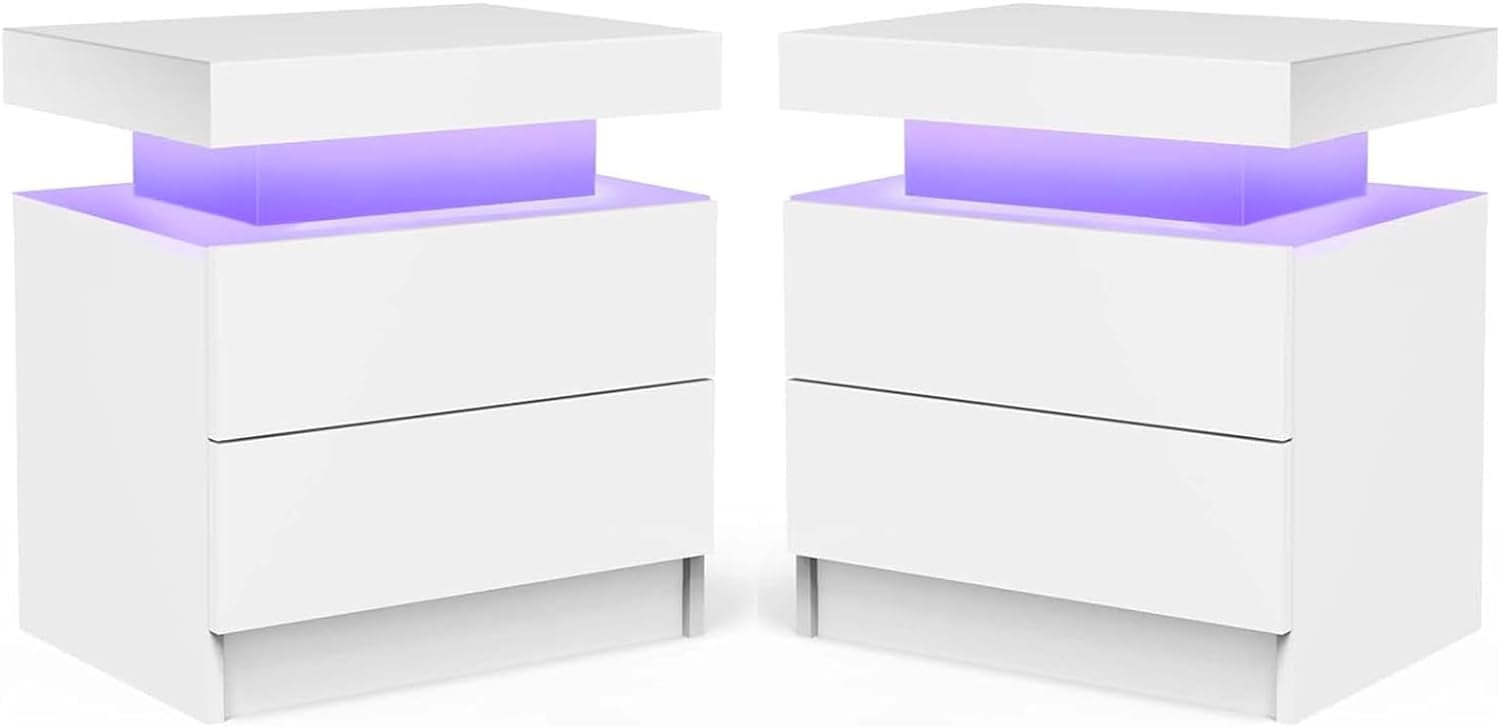 Nightstand LED Set of 2 Bedside Table LED Cabinet with LED Lights ...