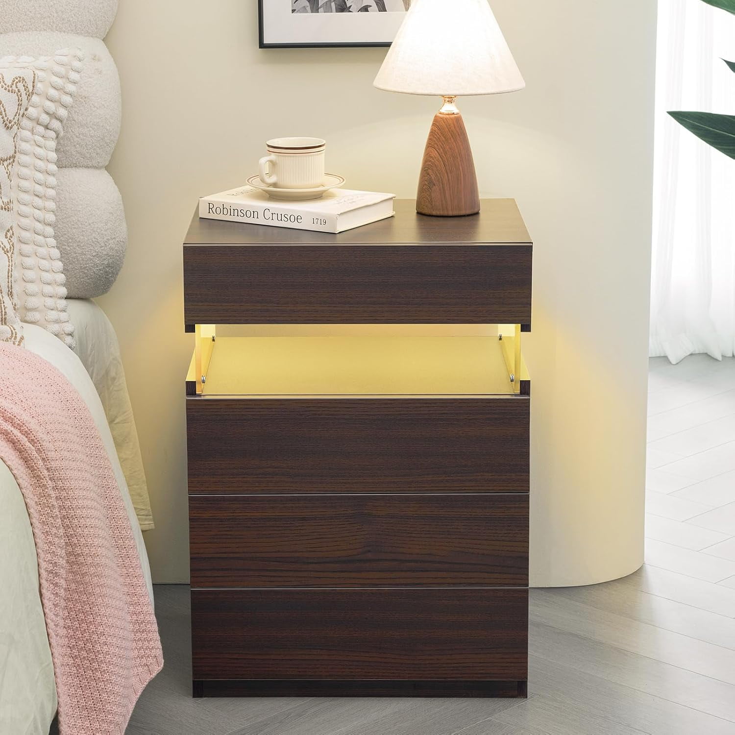 Nightstand LED with Drawers Wide Night Stand with 4 Drawers Modern ...