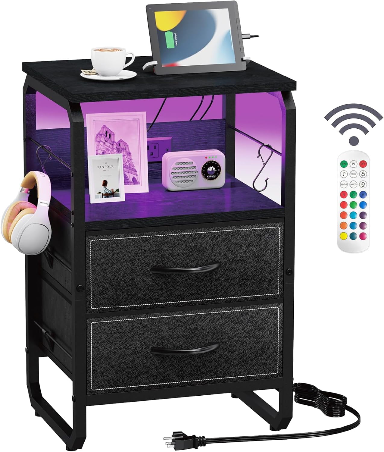 Nightstand with Light, LED End Table with Drawers and Charging Station ...