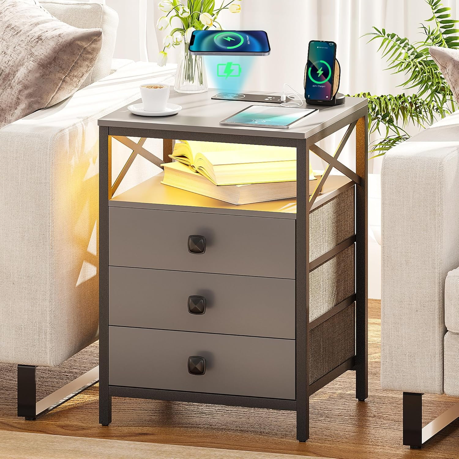 Nightstand with Lockable Gun Drawer 3 Color Dimmable LED End Table with ...