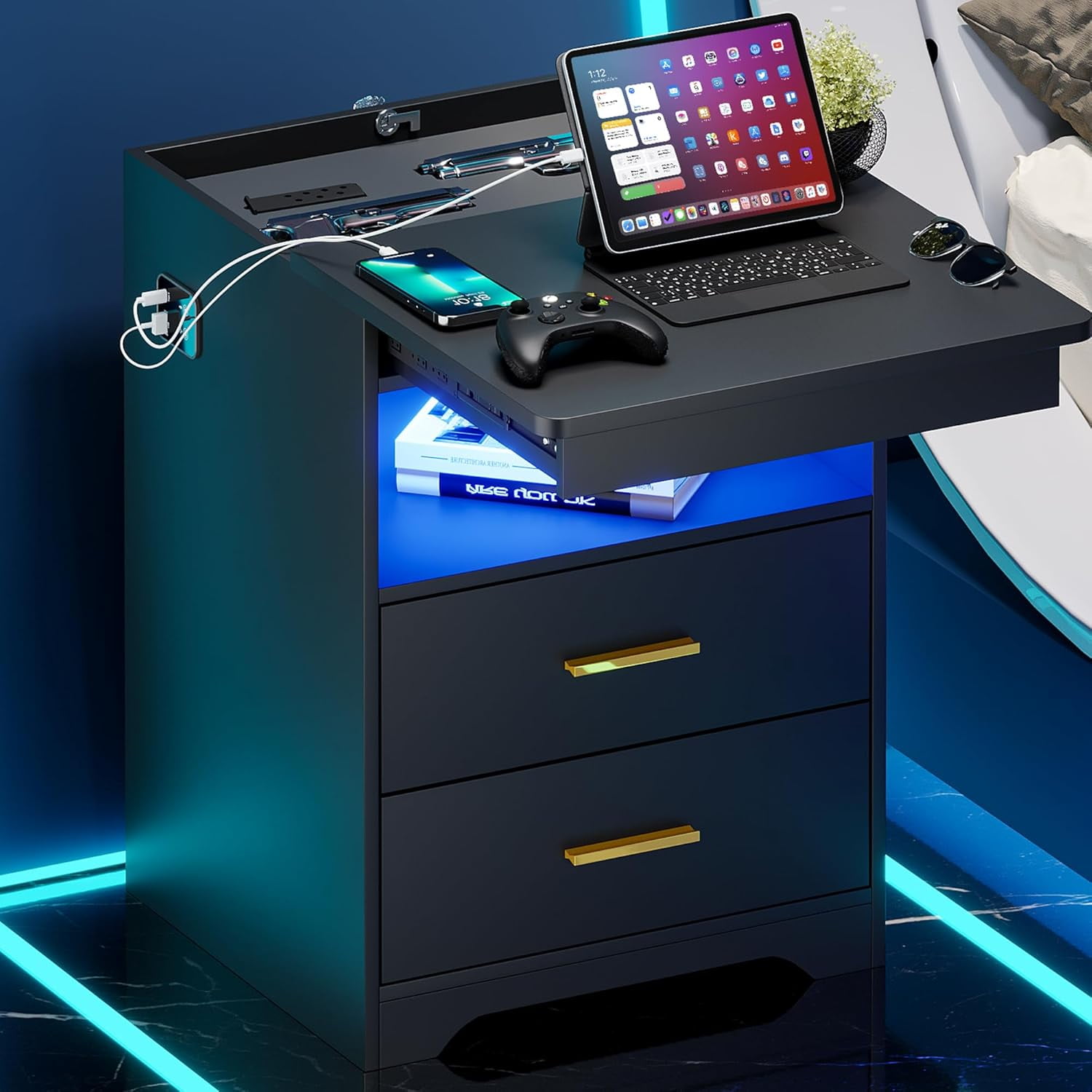 Nightstand with Lockable Gun Drawer,3 Color Dimmable LED End Table with ...