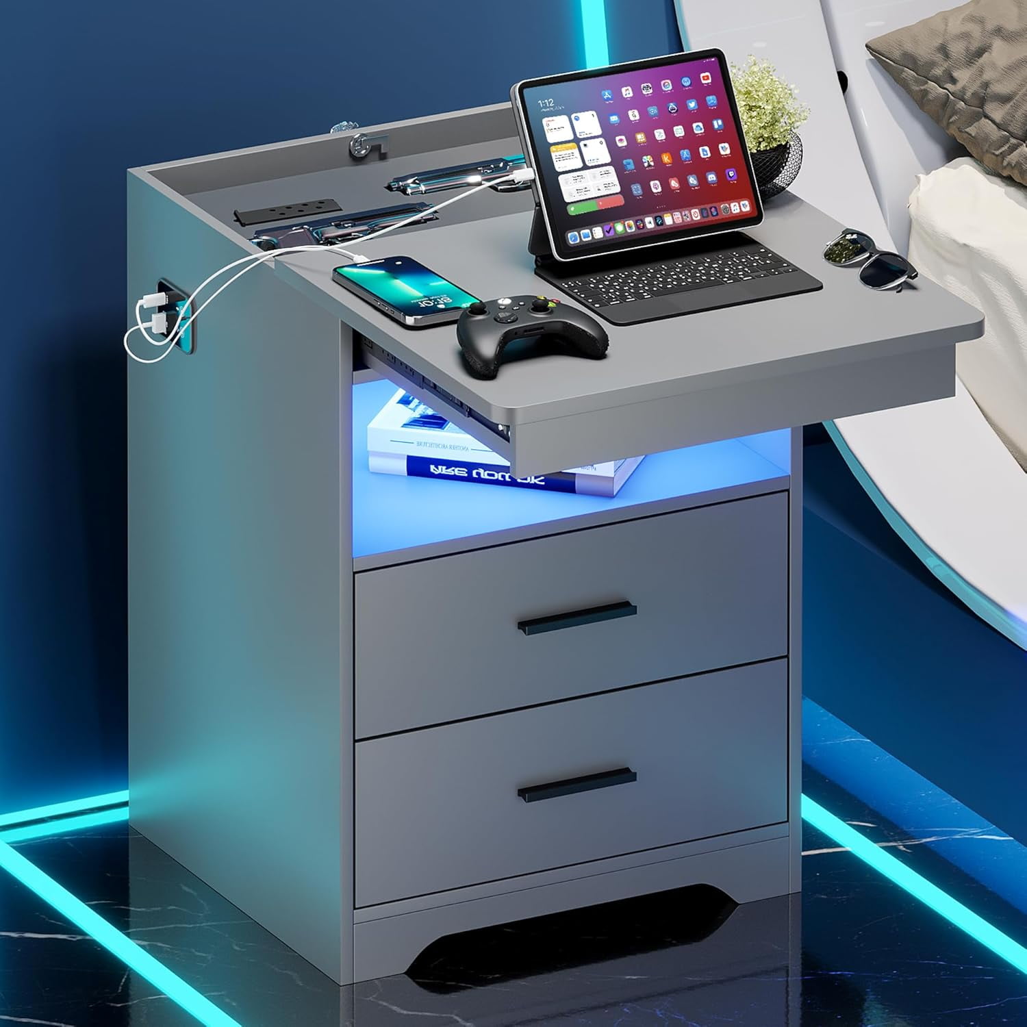 Nightstand with Lockable Gun Drawer,3 Color Dimmable LED End Table with ...