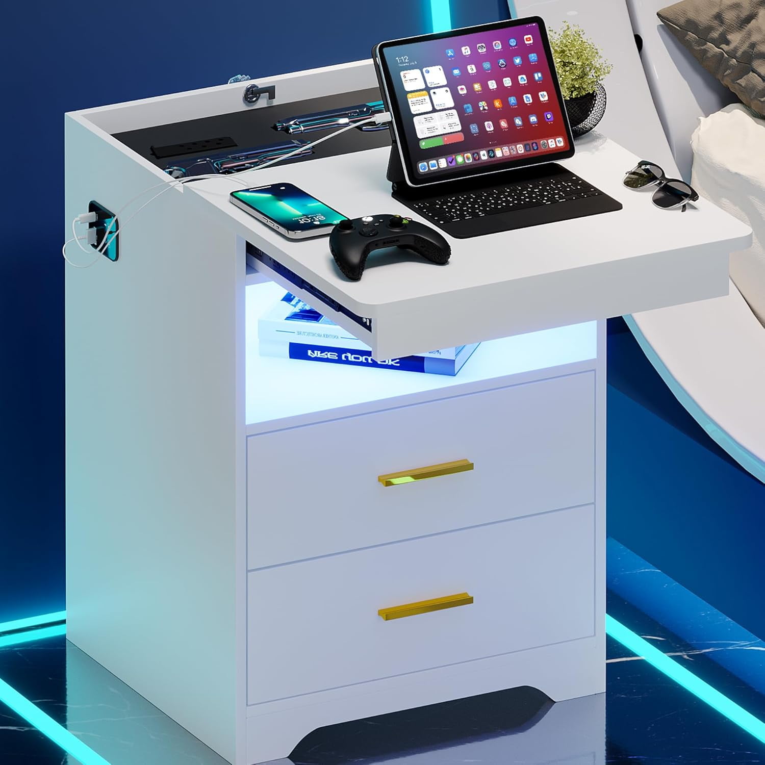 Nightstand with Lockable Gun Drawer,3 Color Dimmable LED End Table with ...